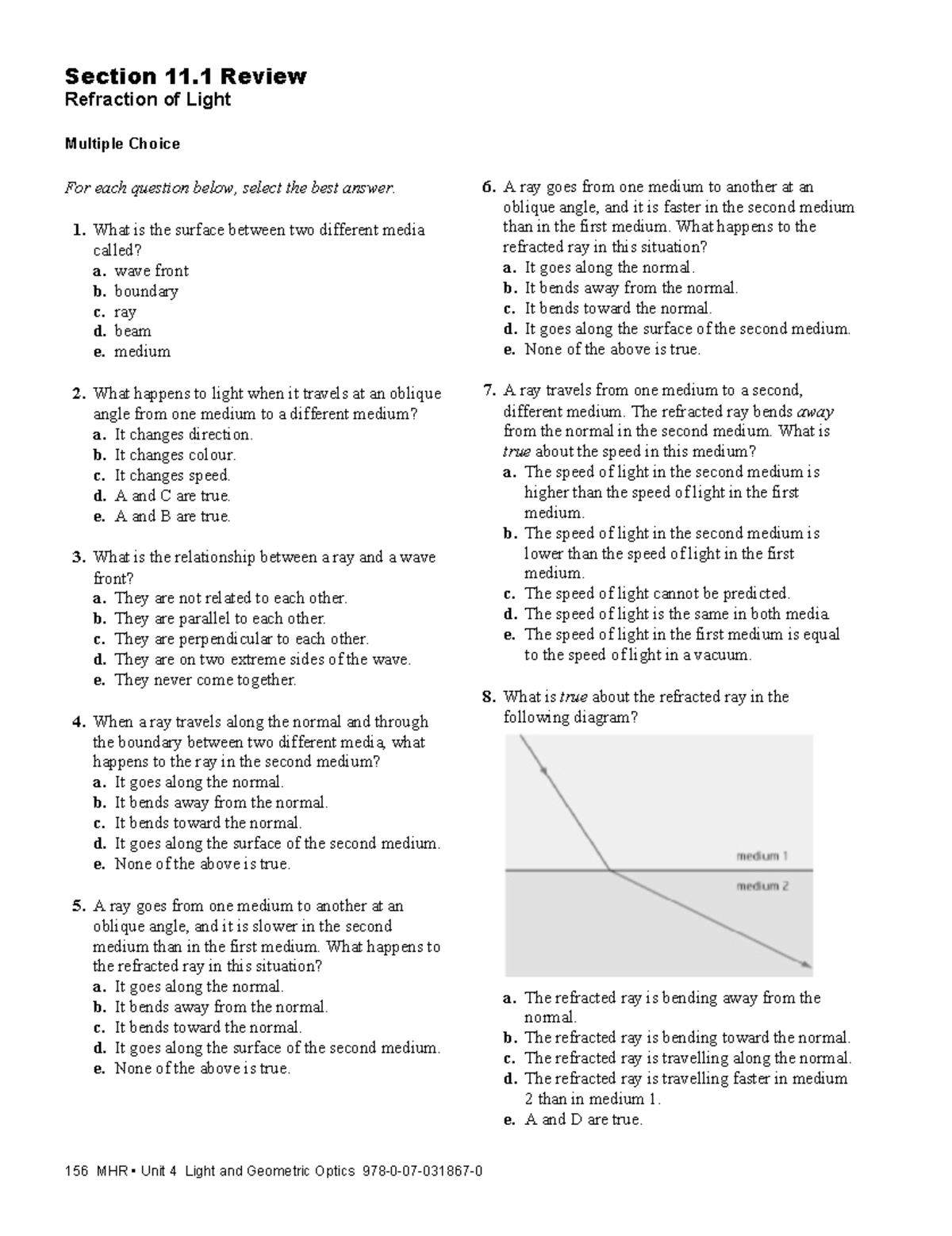 Chapter 11 Review Refraction MC - 156 MHR ï Unit 4 Light and Geometric ...