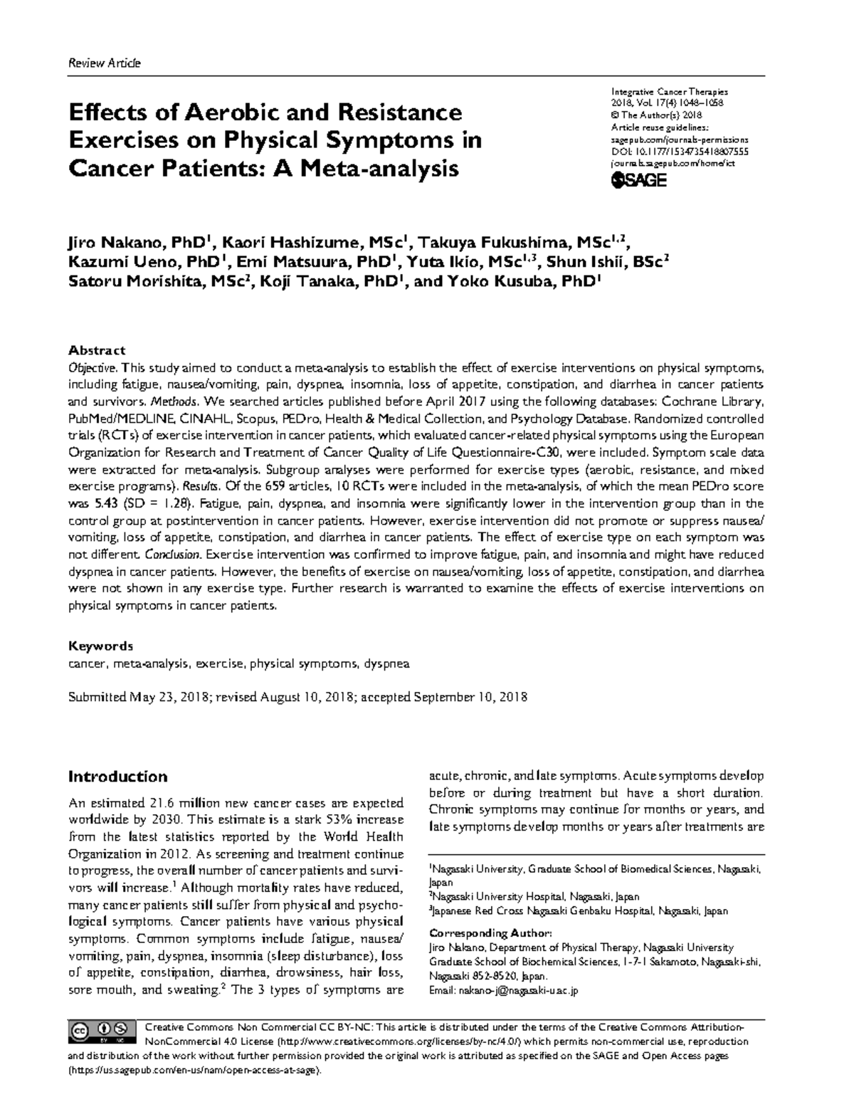 Effects of Aerobic and Resistance Exercises on Cancer Symptoms ...
