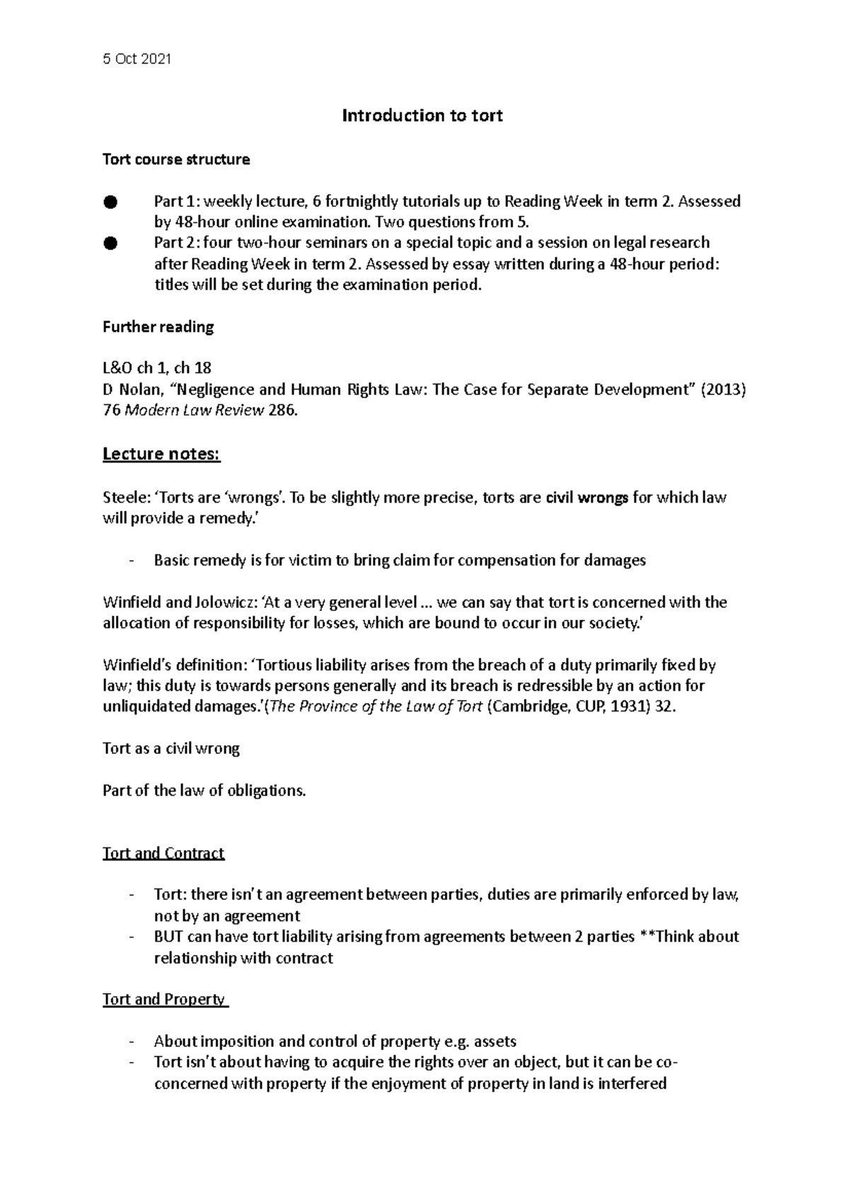Introduction to tort - Intro to tort - Introduction to tort Tort course structure Part 1: weekly ...