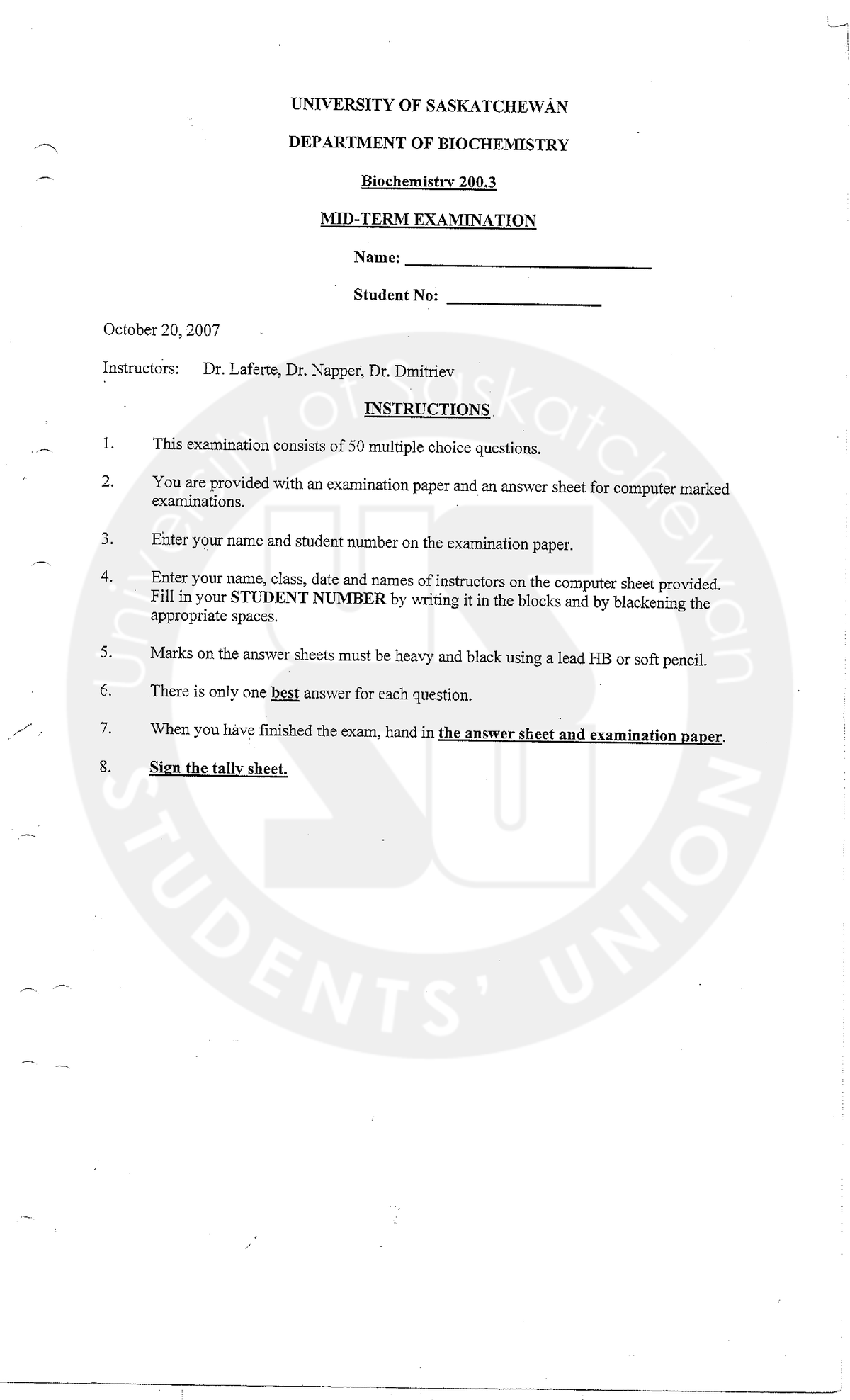 Exam 2007, Questions and Answers - Bmsc 200.3 - Studocu