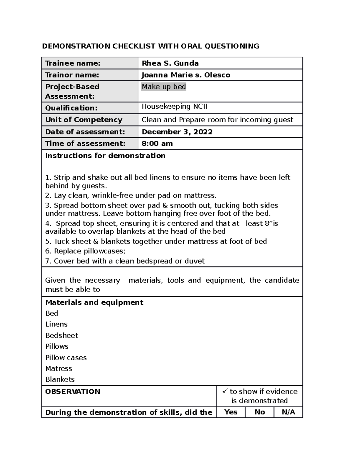 Demonstration Checklist WITH ORAL Questioning - DEMONSTRATION CHECKLIST ...