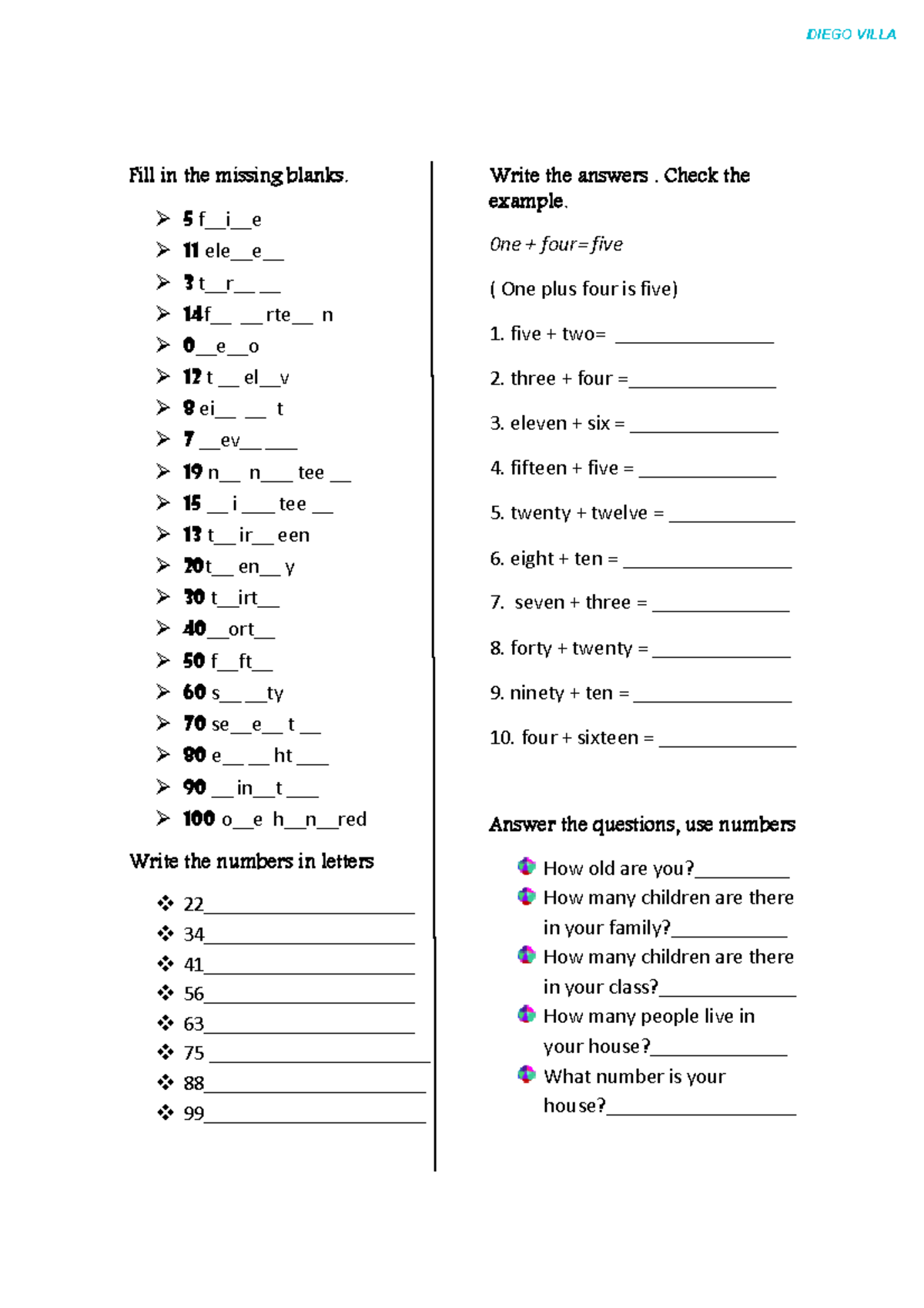 Numbers TASK - MMM - NUMB ERS AND NUMBERS Fill in the missing blanks. 5 ...
