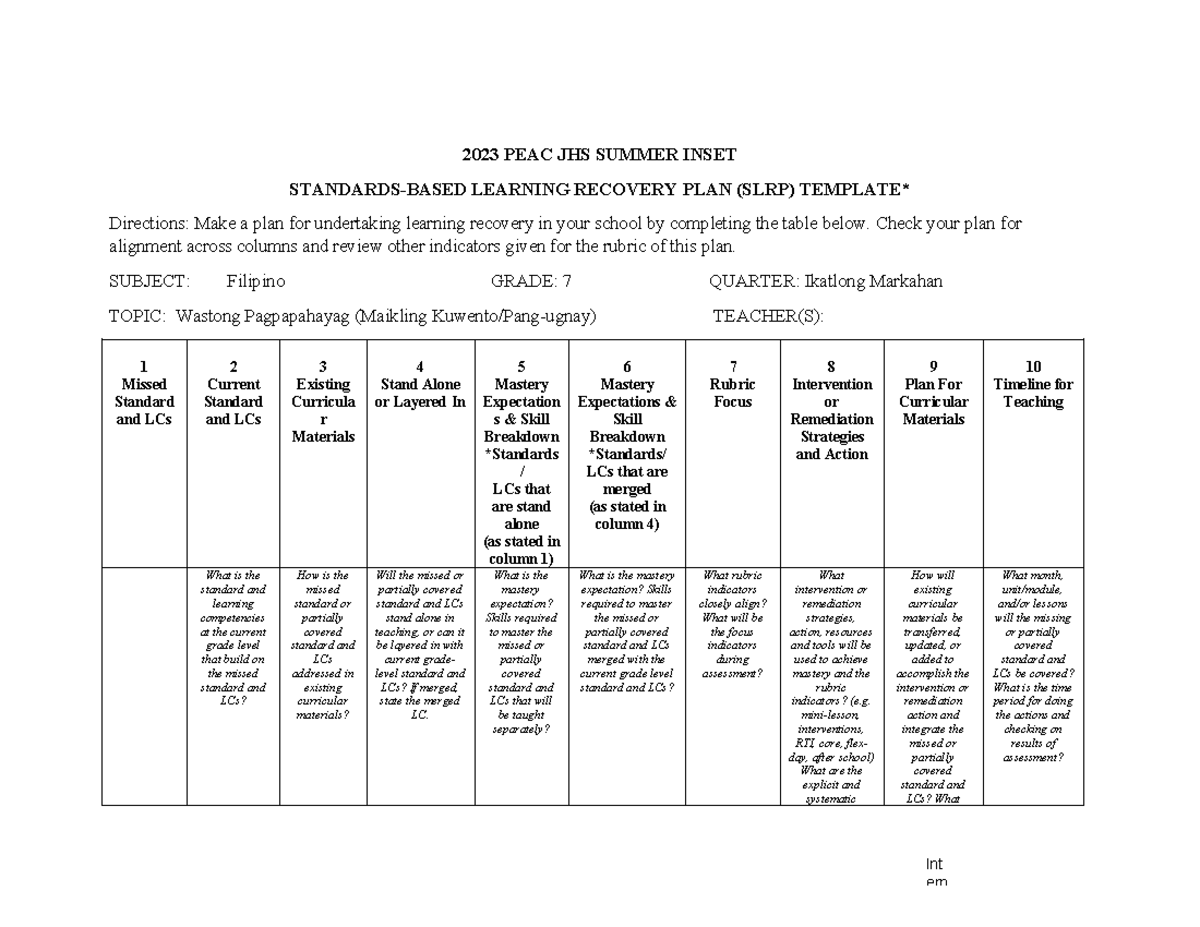 FIL 6.4 SLRP M - UHUHJ - Int 2023 PEAC JHS SUMMER INSET STANDARDS-BASED ...