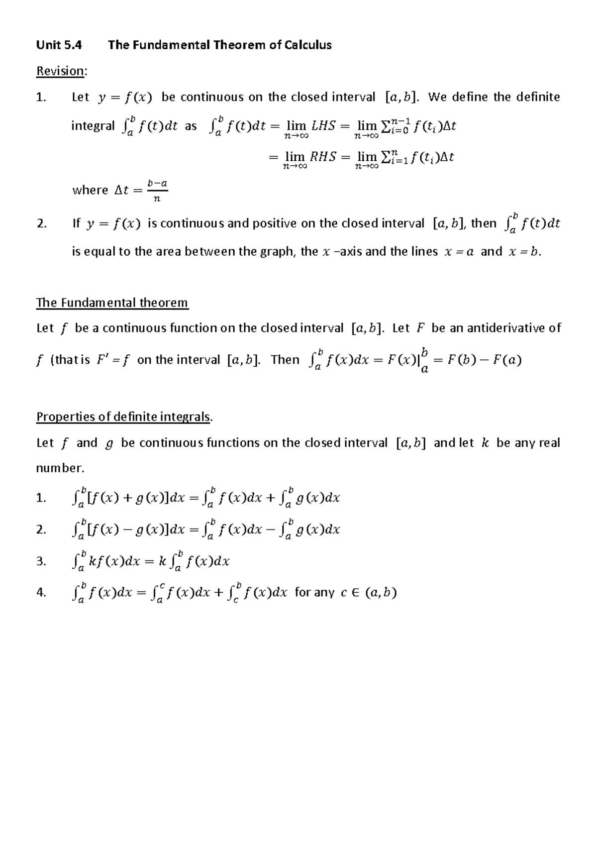 Unit 5 - Unit 5 The Fundamental Theorem of Calculus Revision: Let 𝑦 = 𝑓 ...