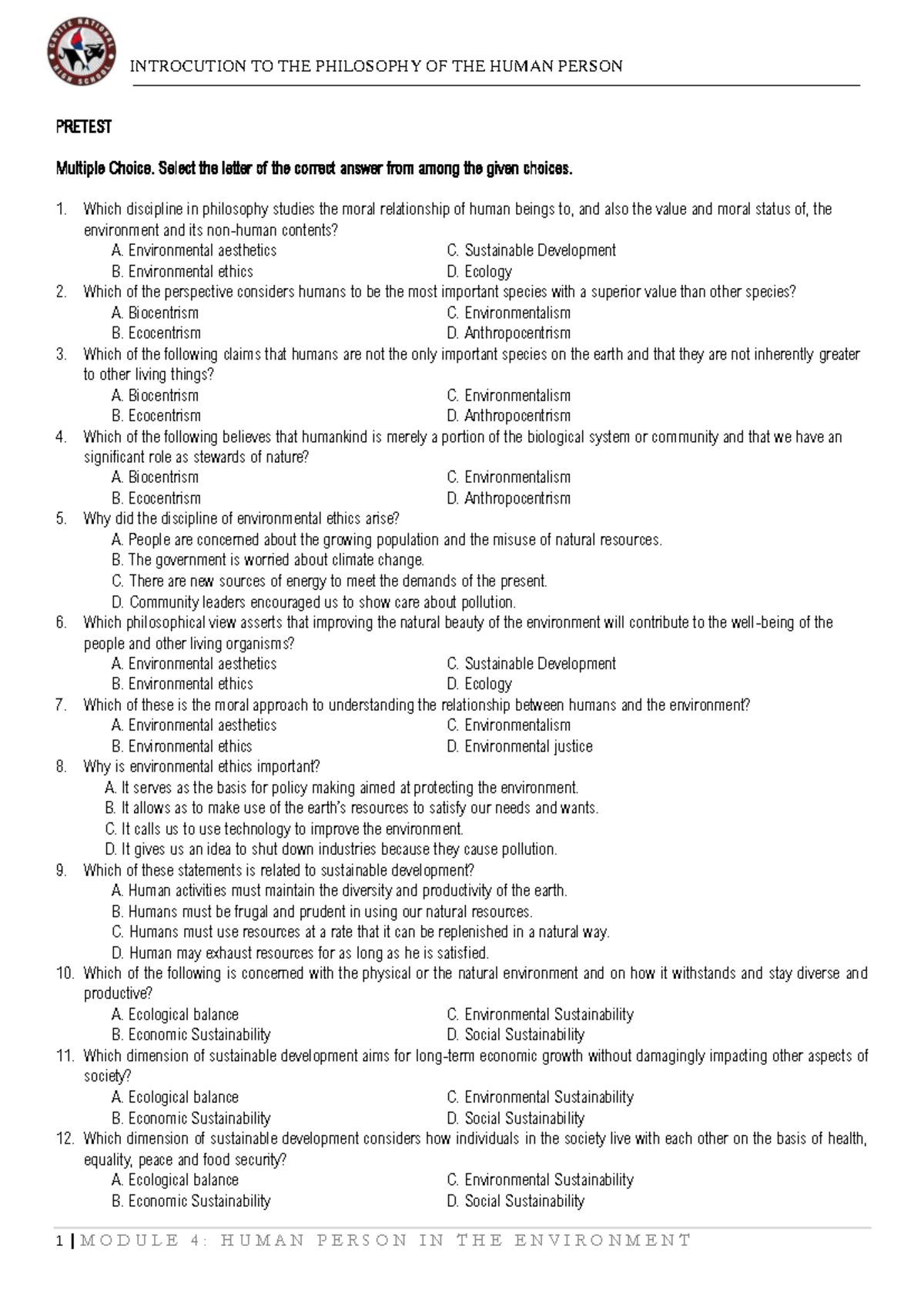 IPHP-M4 - Lesson 4 - PRETEST Multiple Choice. Select the letter of the ...