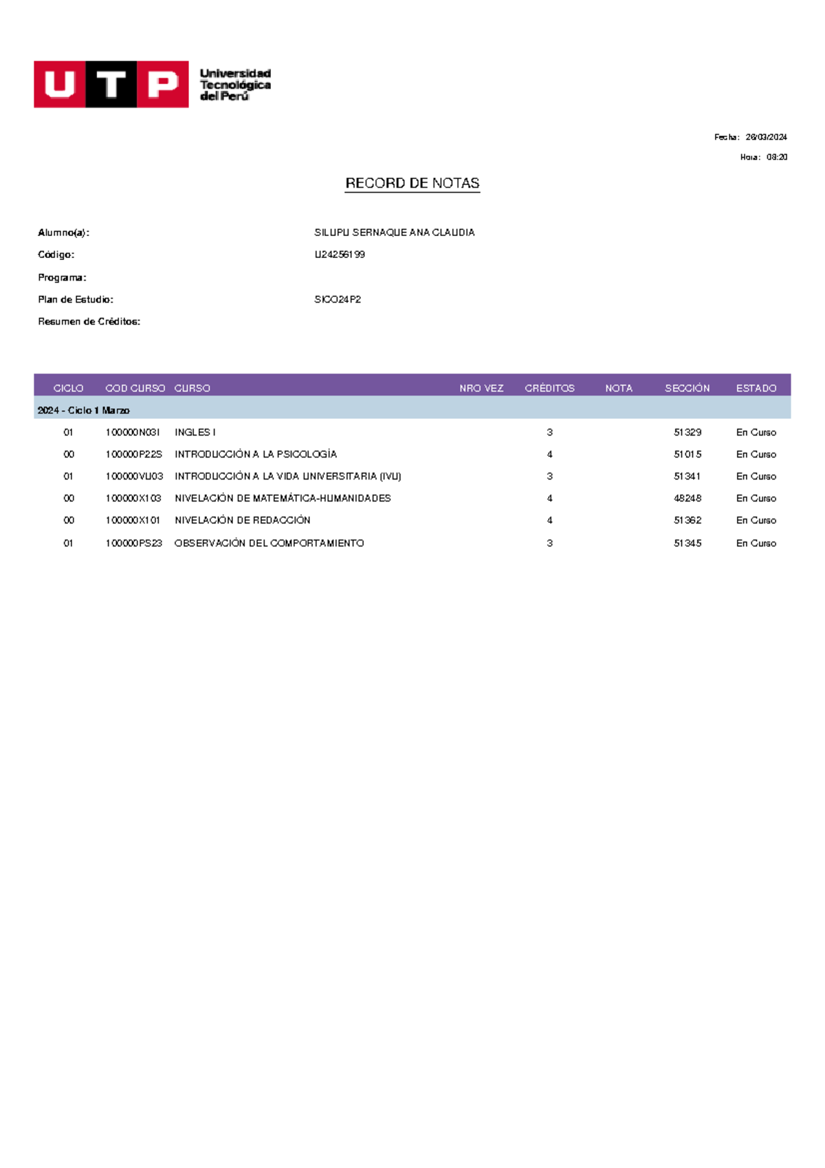 Record notas U24256199 - Fecha: 26/03/ Hora: 08: RECORD DE NOTAS Alumno ...