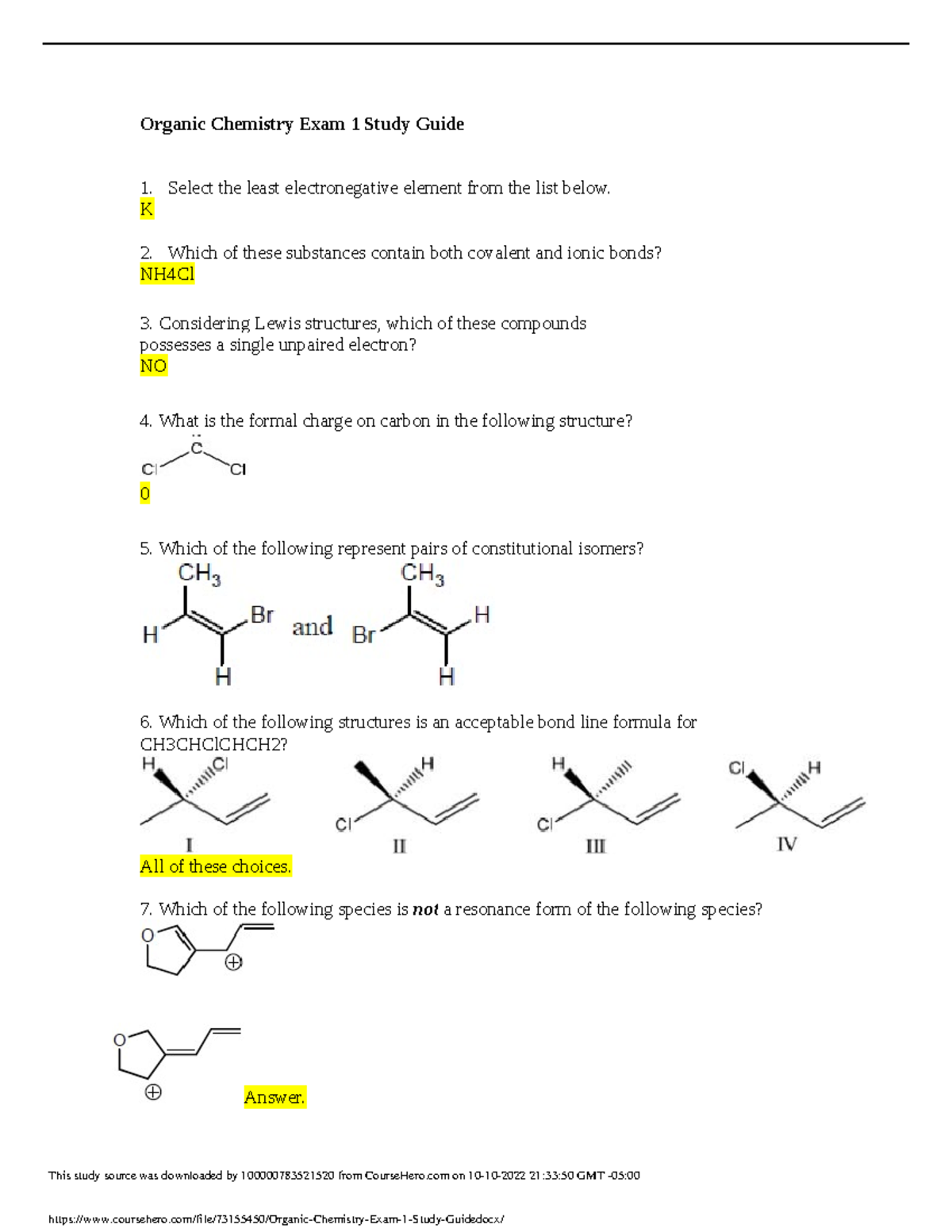 Organic Chemistry Exam 1 Study Guide - K Which of these substances ...