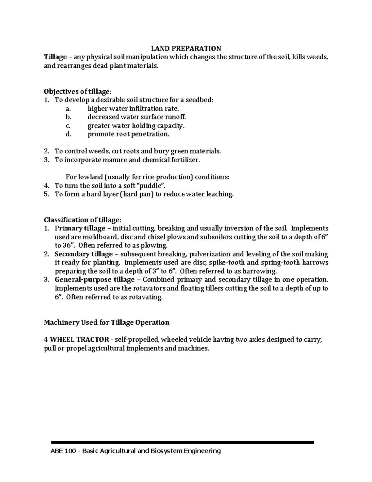 Handout - LAND Preparation - LAND PREPARATION Tillage – any physical ...