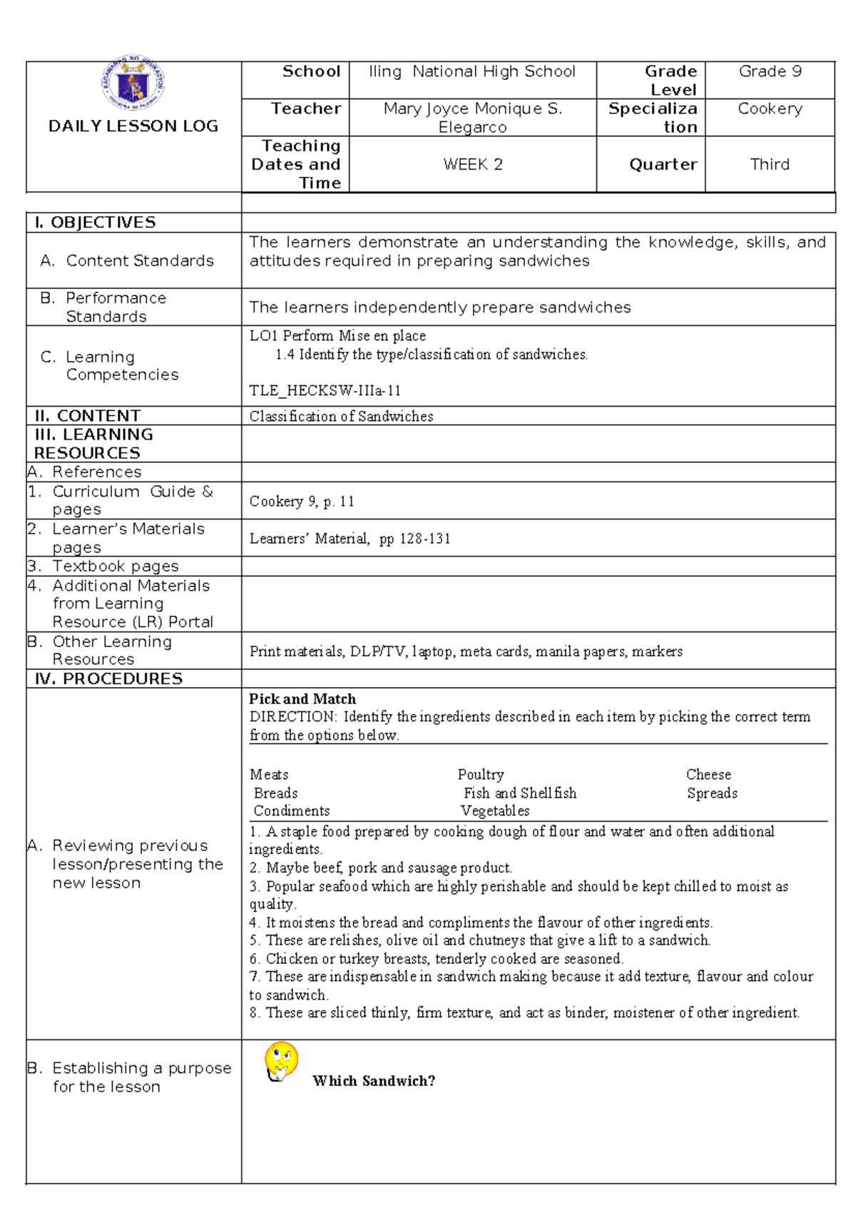 LO1 Sandwich b - revised - DAILY LESSON LOG School Iling National High ...
