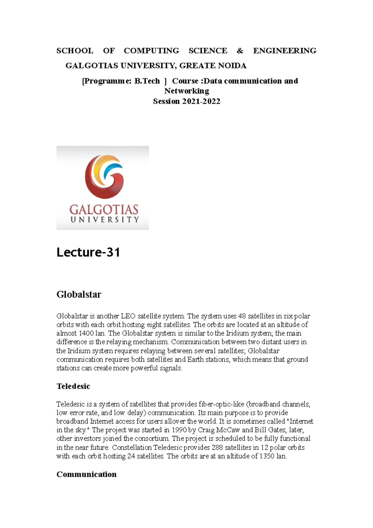 DCN lecture 31 @ Galgotias university - SCHOOL OF COMPUTING SCIENCE ...