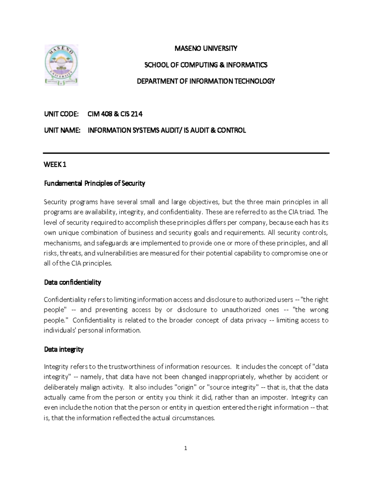 Week 1 Fundamental Principal of Security - MASENO UNIVERSITY SCHOOL OF COMPUTING & INFORMATICS ...