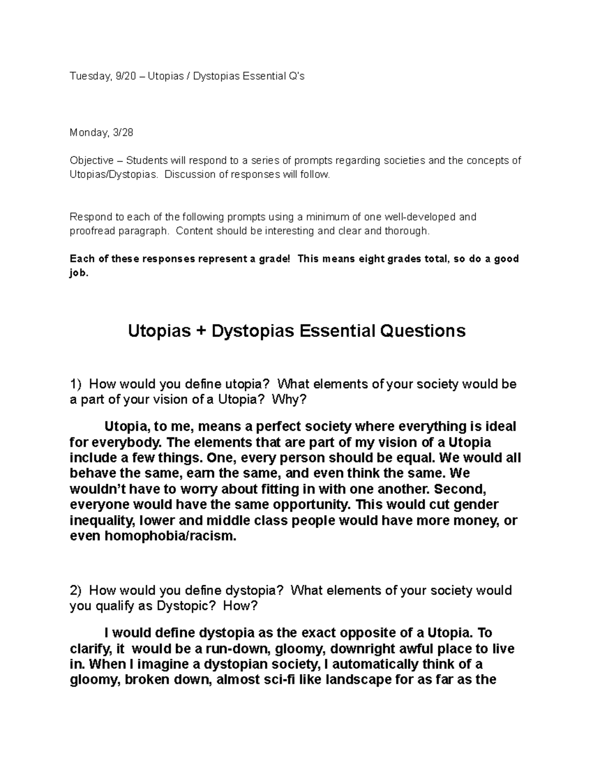 Tuesday, 9 20 - Utopias Dystopias Essential Q's - Tuesday, 9/20 ...