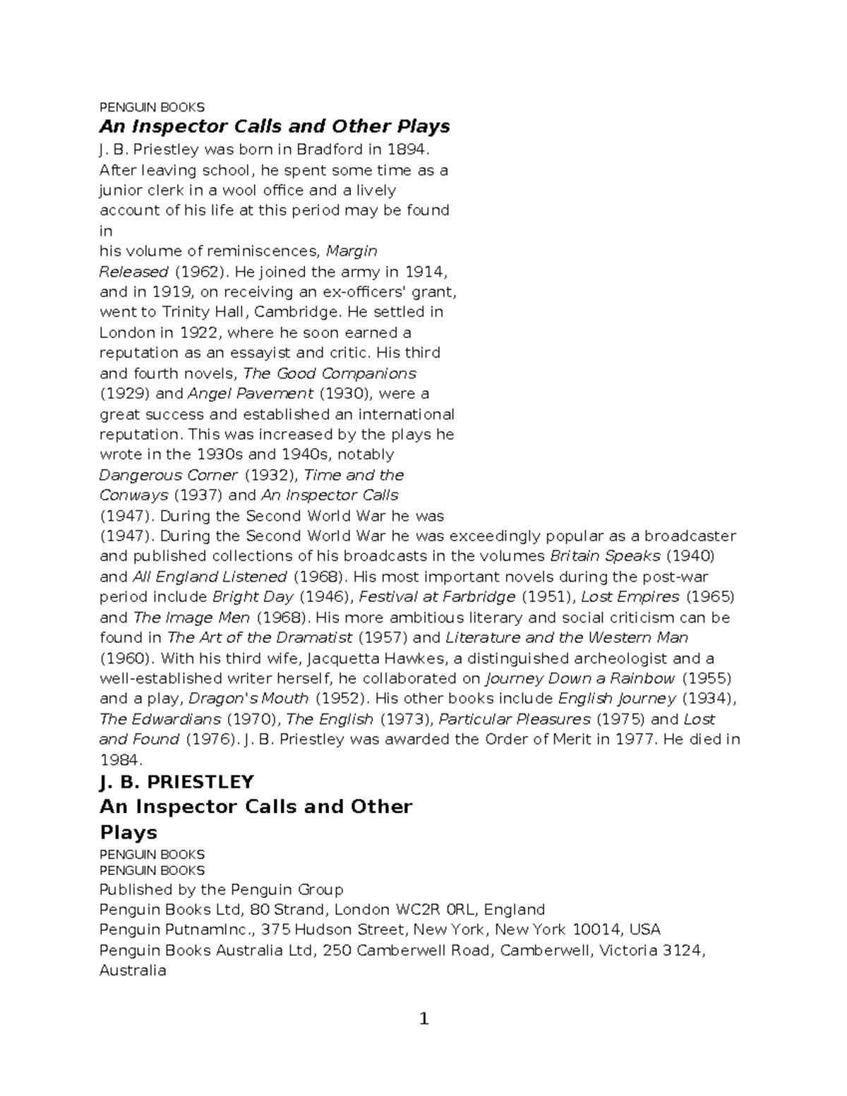 An inspector calls and other plays - PENGUIN BOOKS An Inspector Calls ...