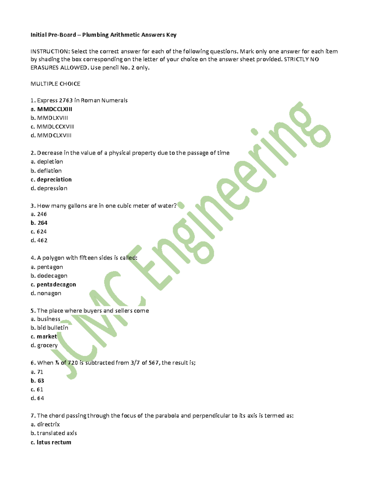 Initial Pre-Board – Plumbing Arithmetic Answers Key - Mark only one ...