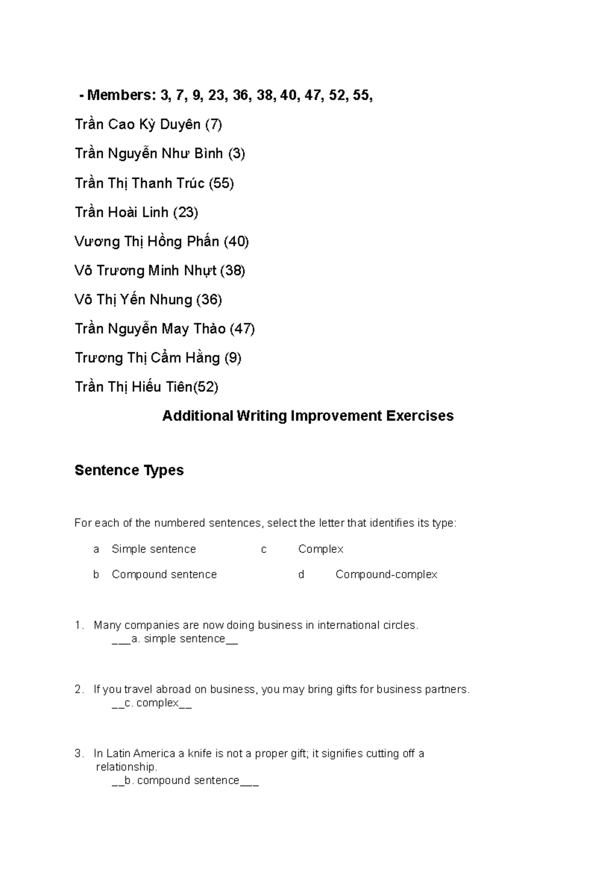 Groupwork-Additional Writing Improvement Exercises - Members: 3, 7, 9 ...