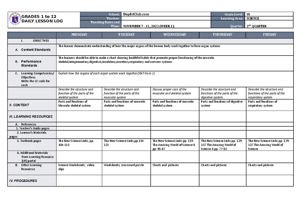 DLL Science-6 Q2 W1 - ERGRDFJ - GRADES 1 to 12 DAILY LESSON LOG School: DepEdClub Grade Level ...