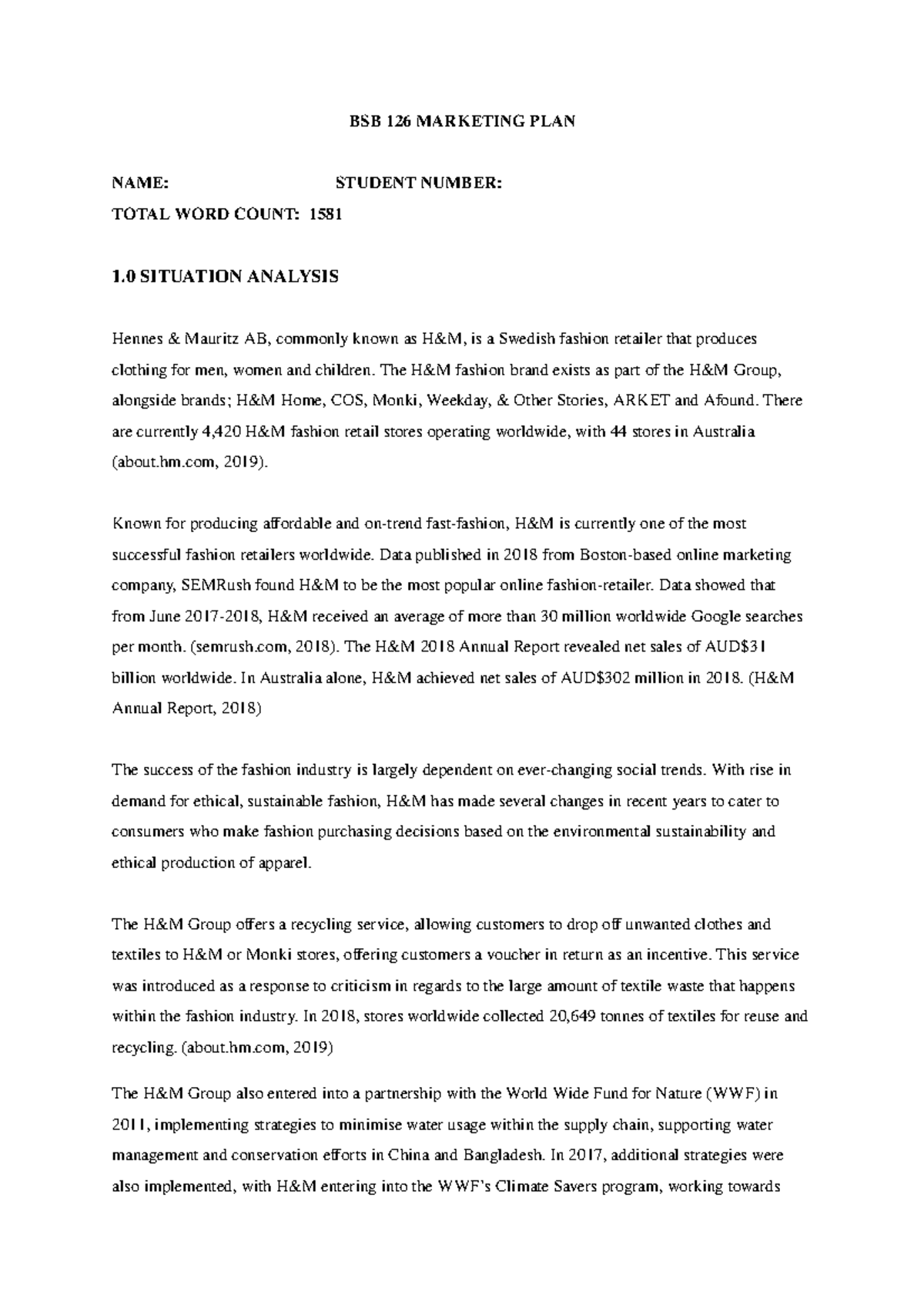 BSB126 Marketing Plan - BSB 126 MARKETING PLAN NAME: STUDENT NUMBER: TOTAL WORD COUNT: 1581 1 ...