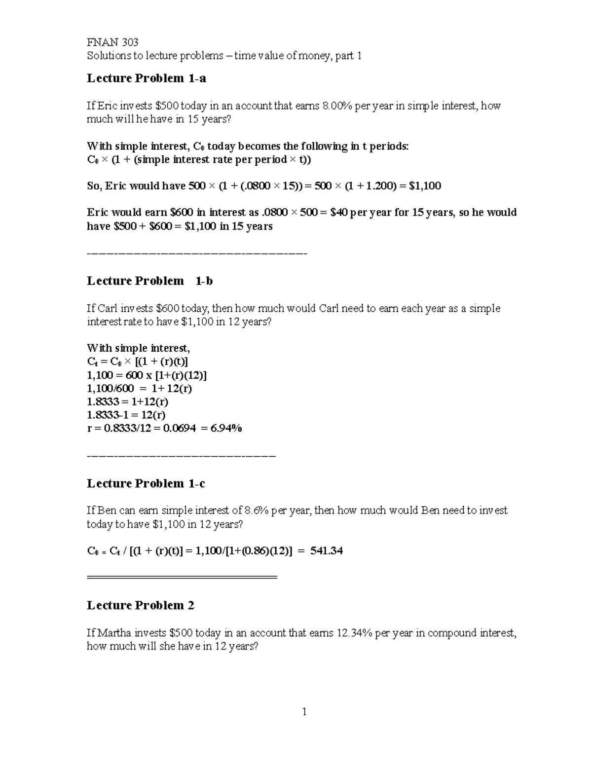 Time Value of Money Part 1 Lecture Problems Solutions - Solutions to lecture problems – time ...