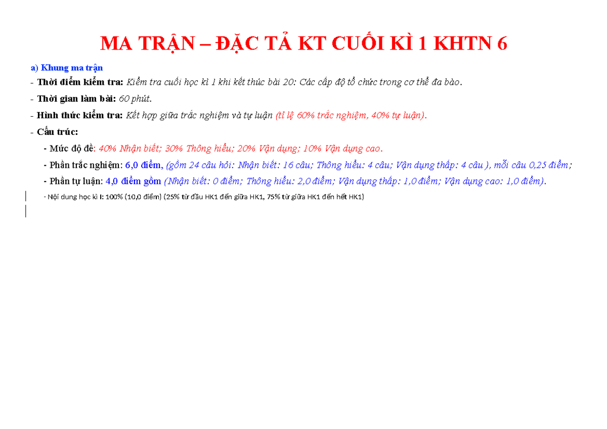 KHTN 6- MA TRẬN ĐẶC TẢ -CK1 - NH23-24 - MA TRẬN – ĐẶC TẢ KT CUỐI KÌ 1 KHTN 6 a) Khung ma trận ...