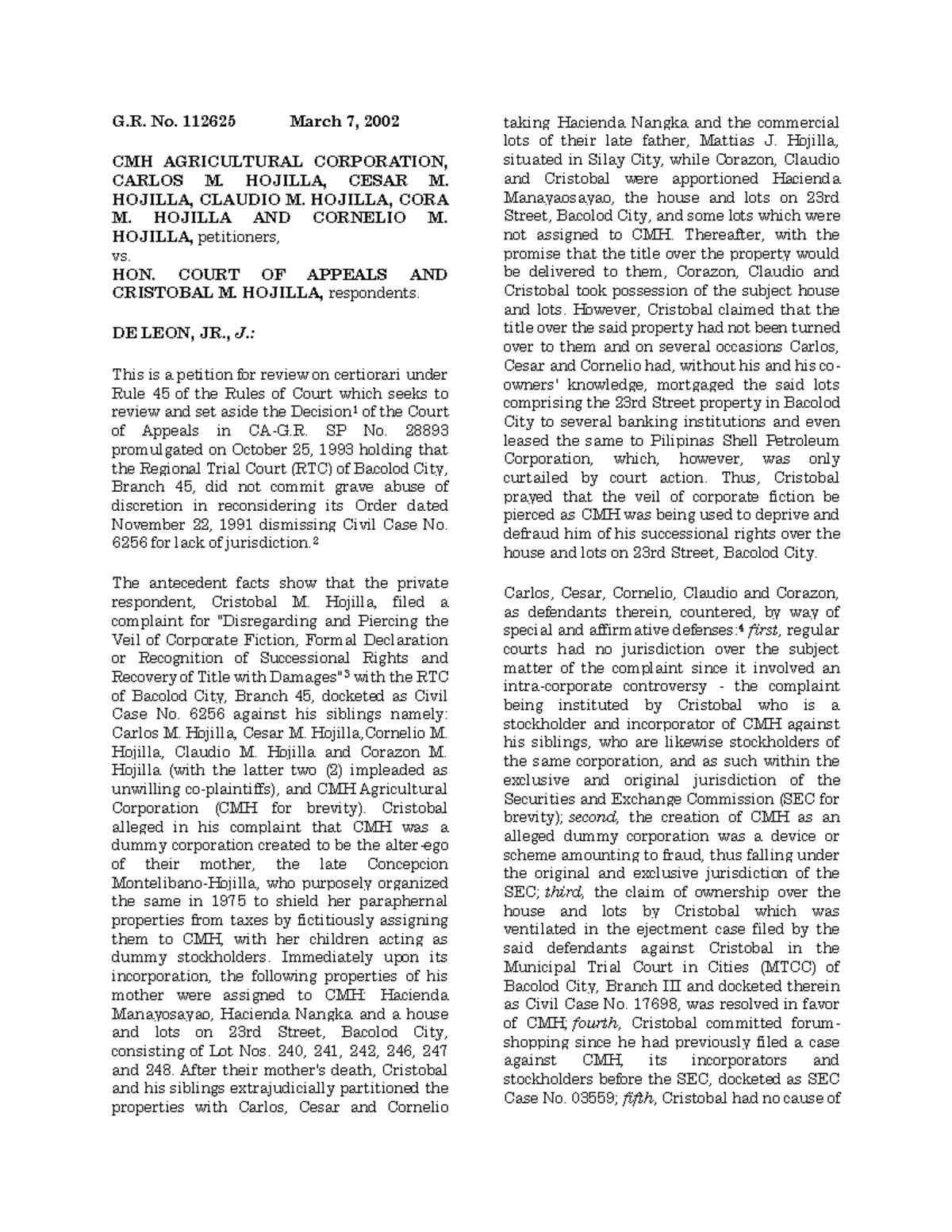 9. CHM vs CA - Spec Pro - G. No. 112625 March 7, 2002 CMH AGRICULTURAL ...
