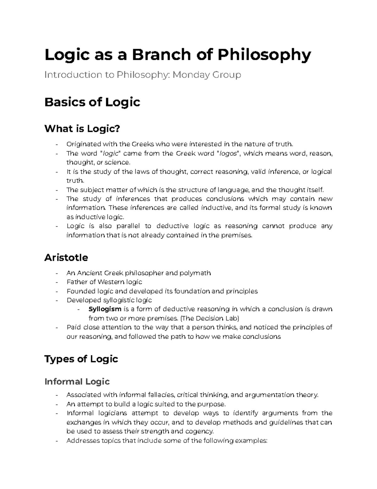 Intro-TO- Philosophy -Monday-Group- Logic - Logic as a Branch of ...