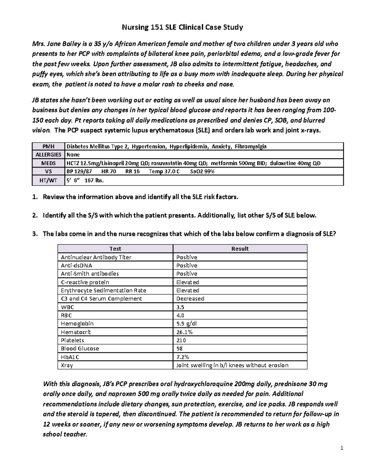 case study SLE worksheet - 1 Nursing 151 SLE Clinical Case Study Mrs ...