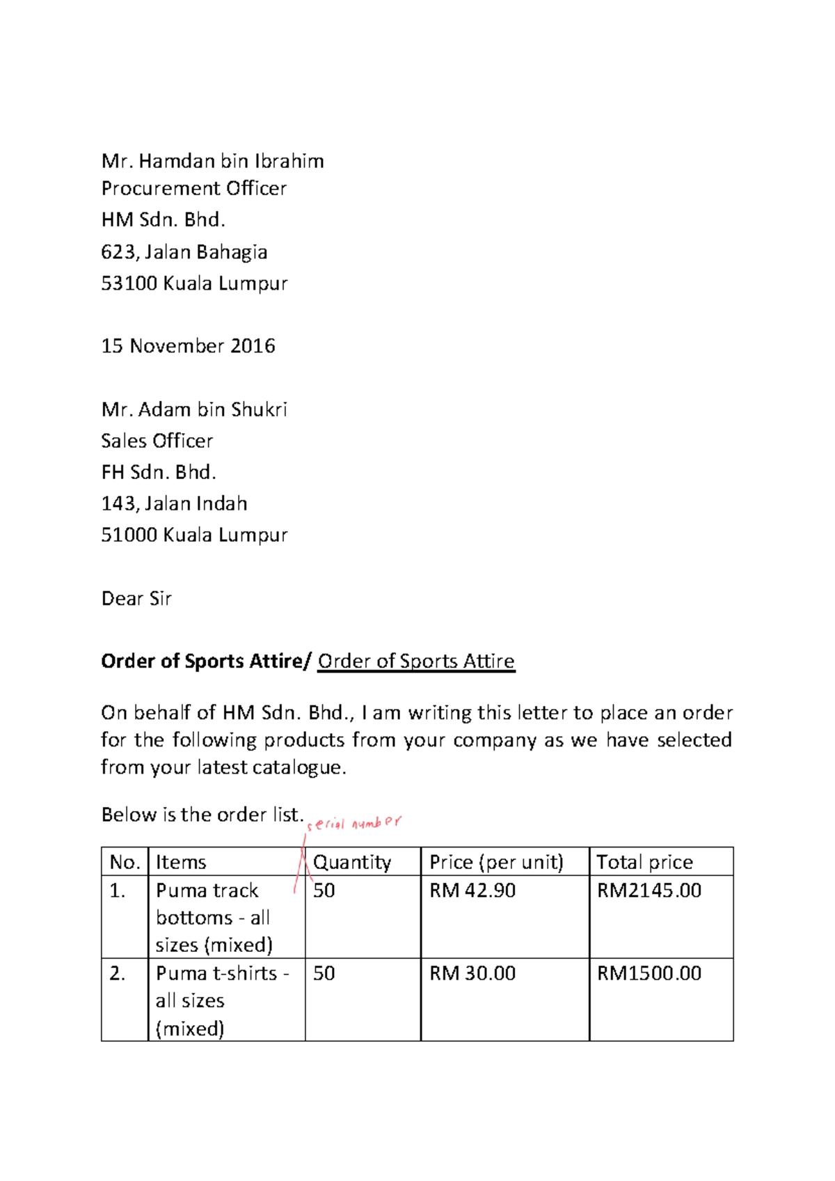 Sample of procurement letter or order letter - Mr. Hamdan bin Ibrahim ...