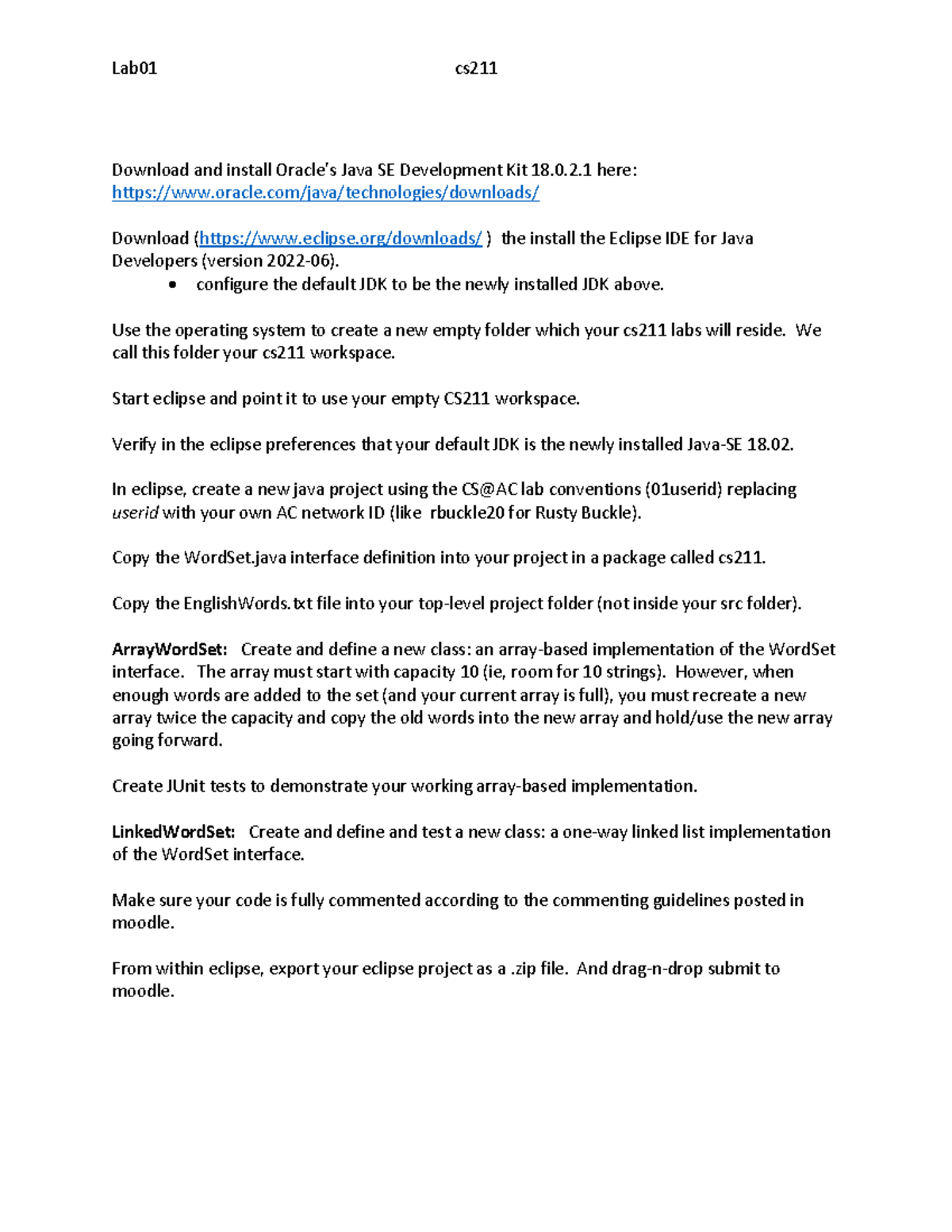 Cs211 word set lab01 - Lab01 cs Download and install Oracle9s Java SE Development Kit 18.0.2 ...