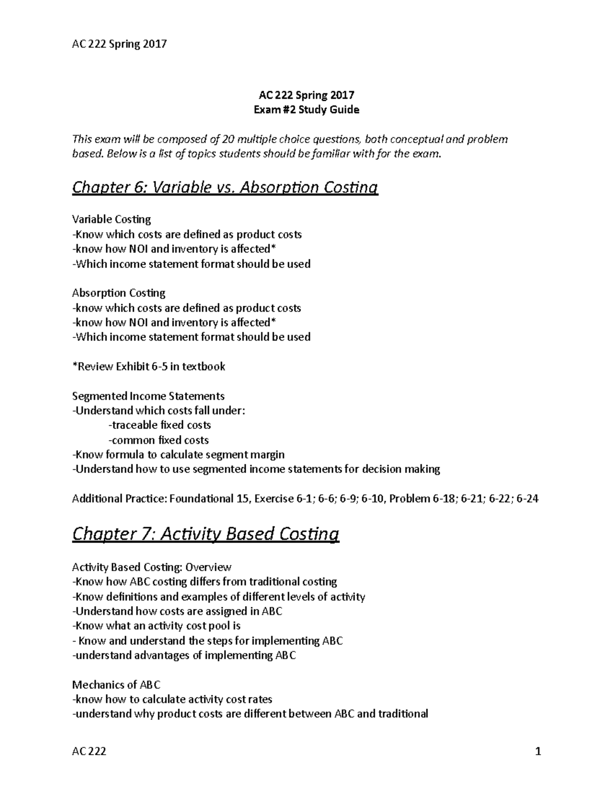 AC 222 Study Guide Ex2 - AC 222 Spring 2017 AC 222 Spring 2017 Exam #2 ...