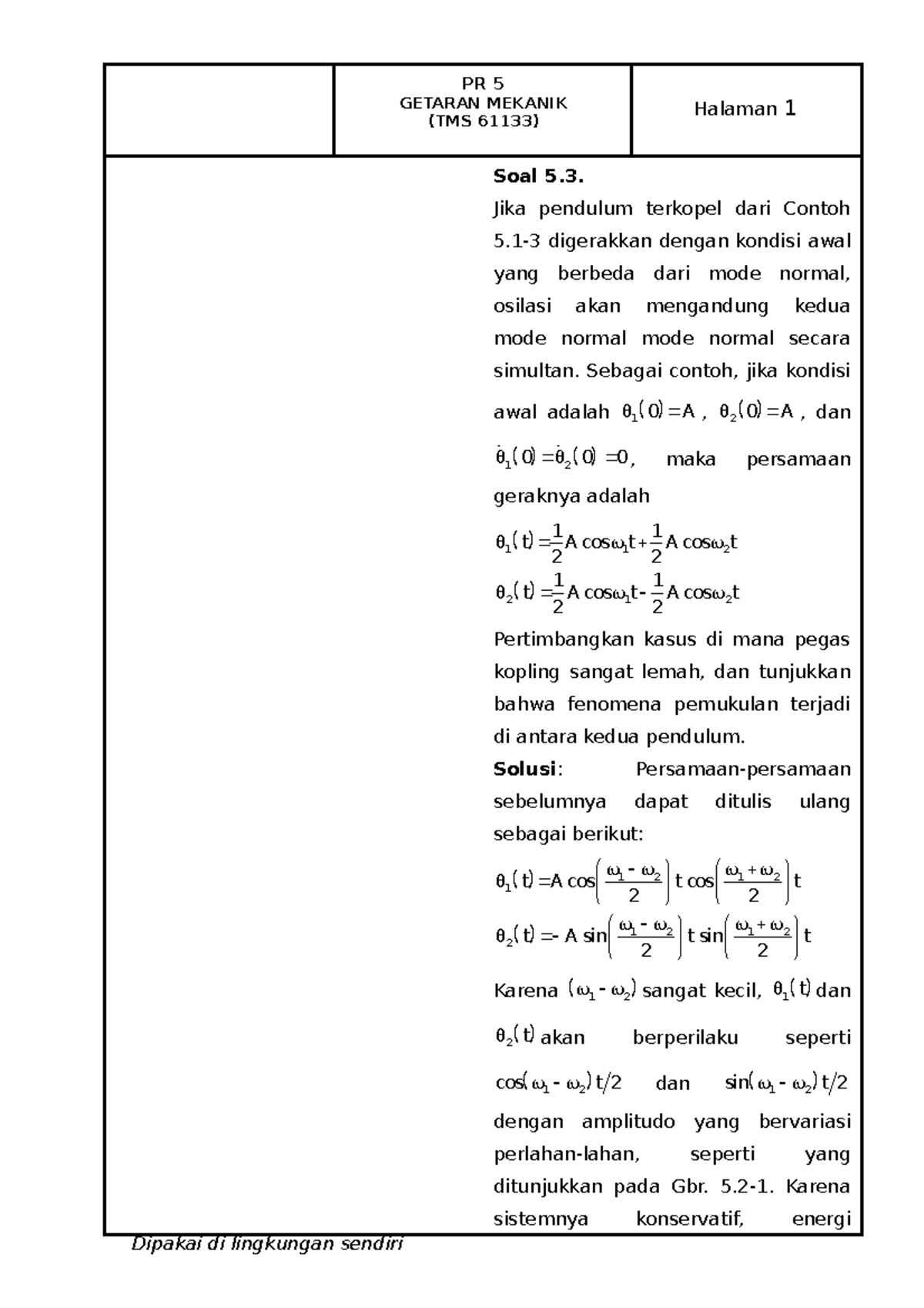 2022 61133 Contoh SOAL 5.2-2 Theory Of Vibration With Application ...