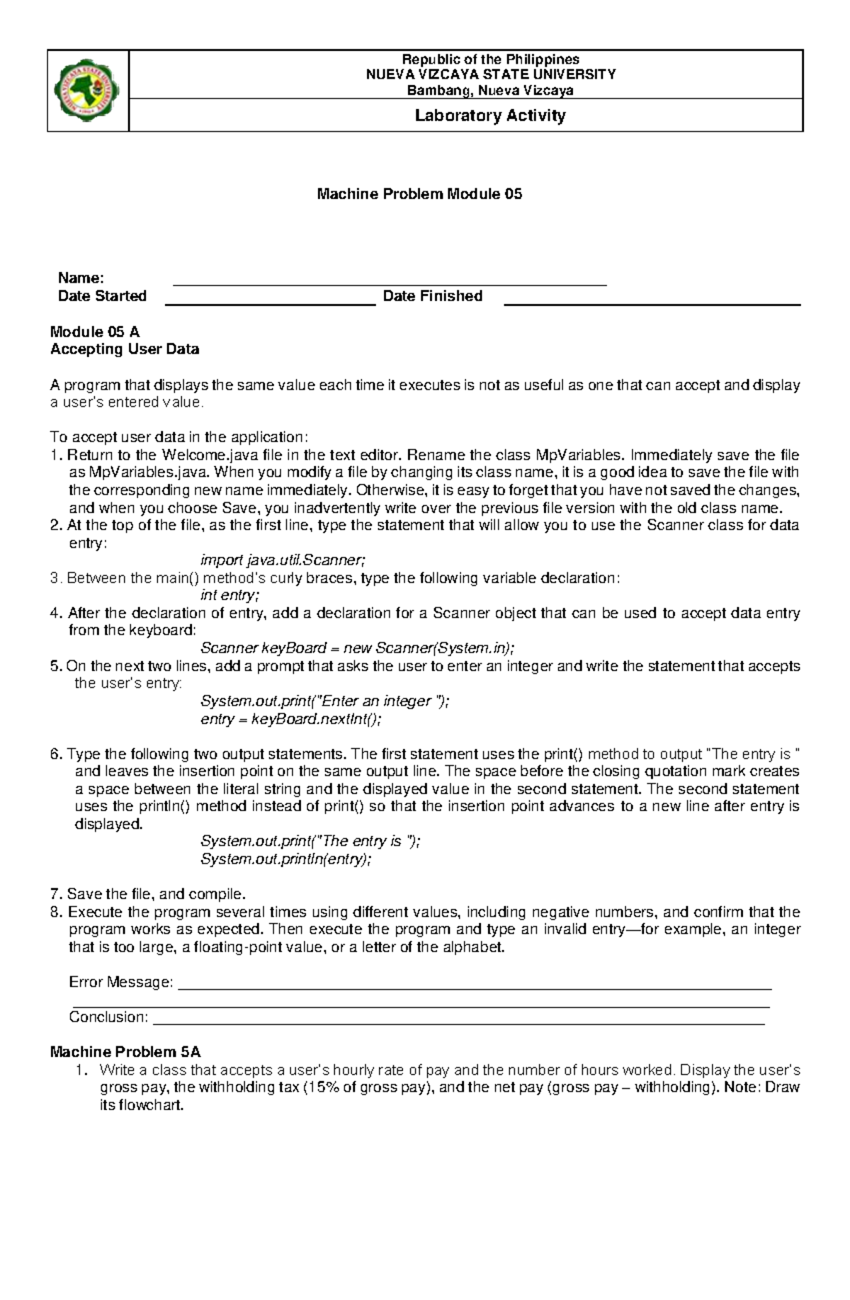 Machine Problem Module 05 - Republic of the Philippines NUEVA VIZCAYA STATE UNIVERSITY Bambang ...