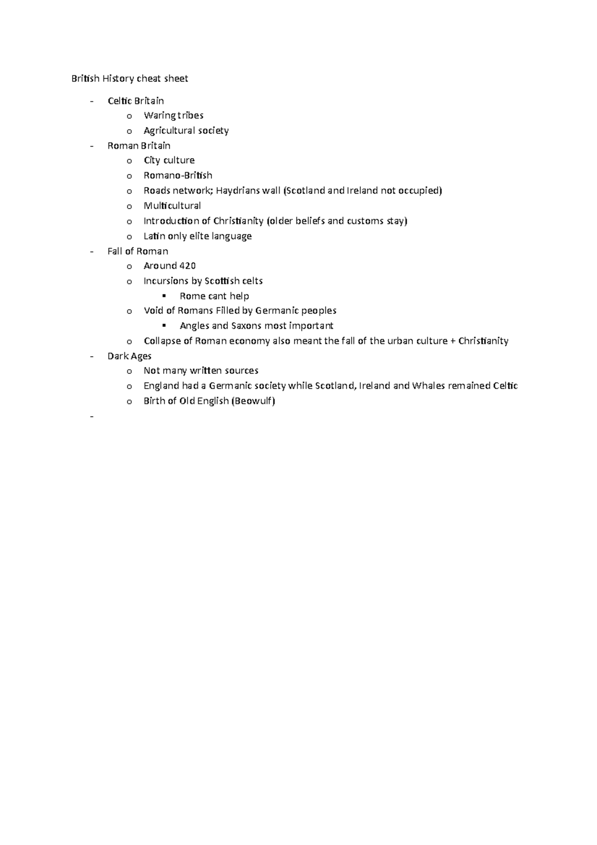 British History cheat sheet - British History cheat sheet Celtic Britain o Waring tribes o - Studocu