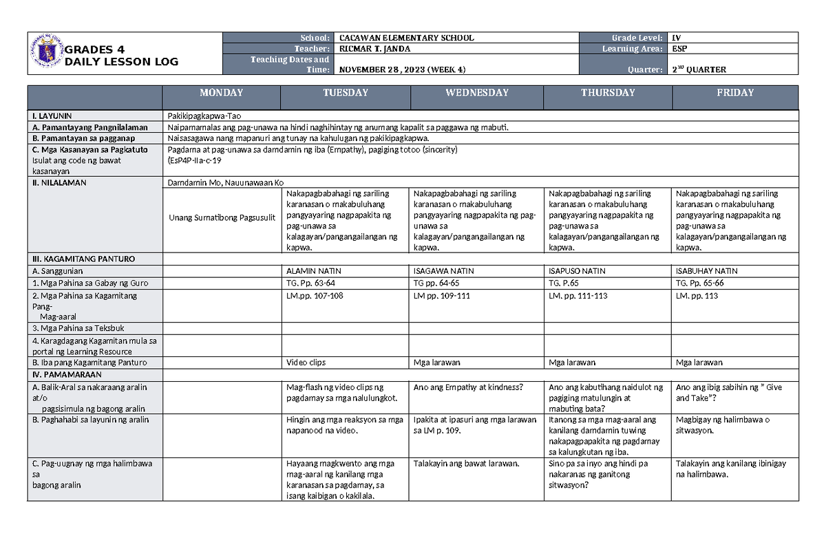 DLL ESP 4 Q2 W4 - NONE - GRADES 4 DAILY LESSON LOG School: CACAWAN ...
