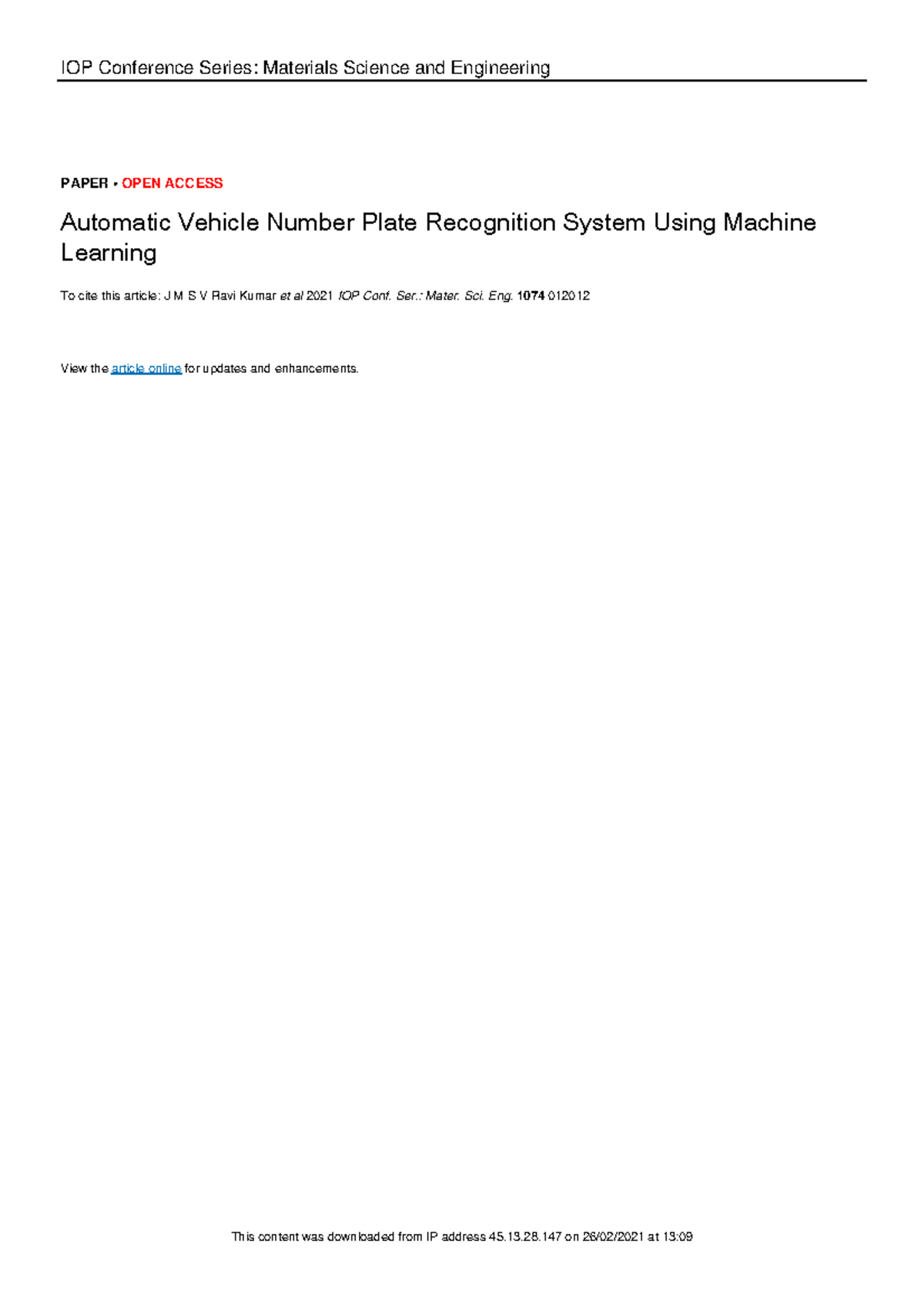 Automatic Vehicle Number Plate Recognition System - Ser.: Mater. Sci ...