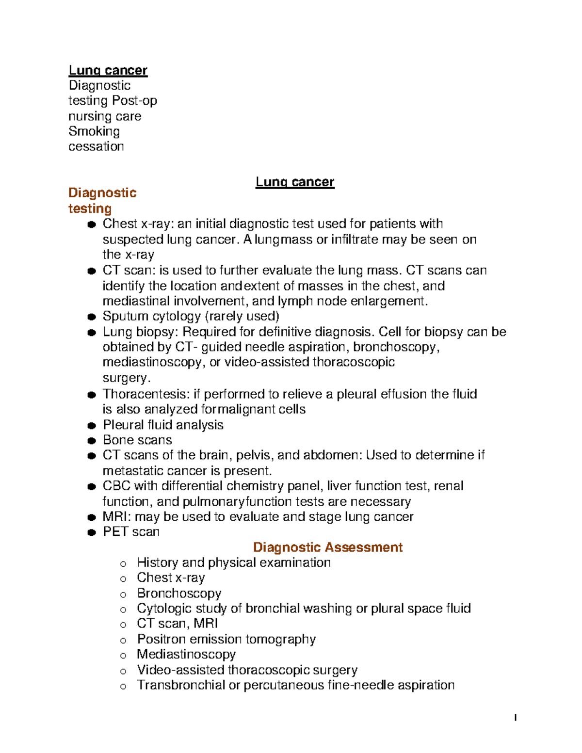 Study Guide for Lung Cancer - Lung cancer Diagnostic testing Post-op ...