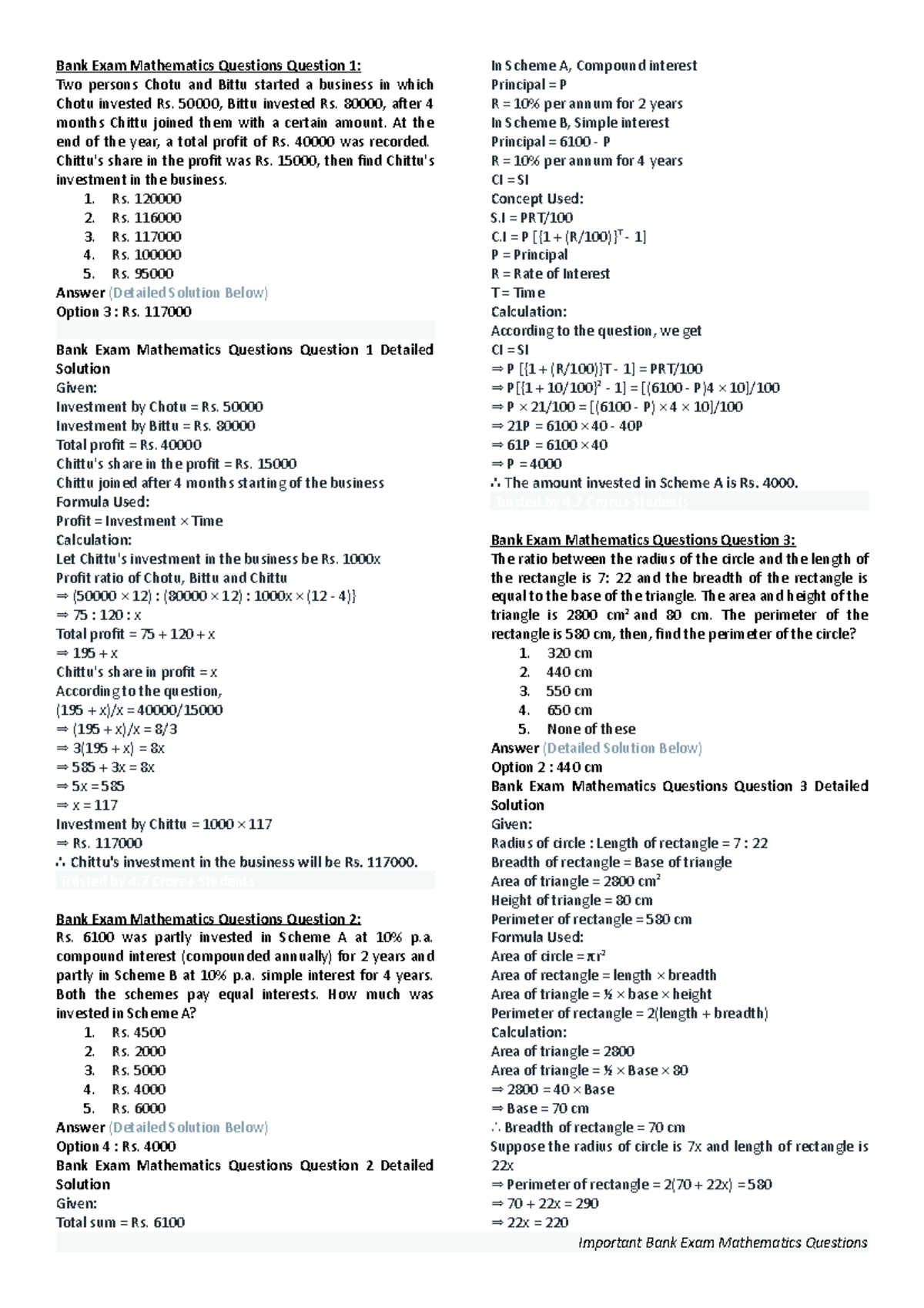 Bank Exam Mathematics Questions Question 1 - 50000, Bittu invested Rs ...