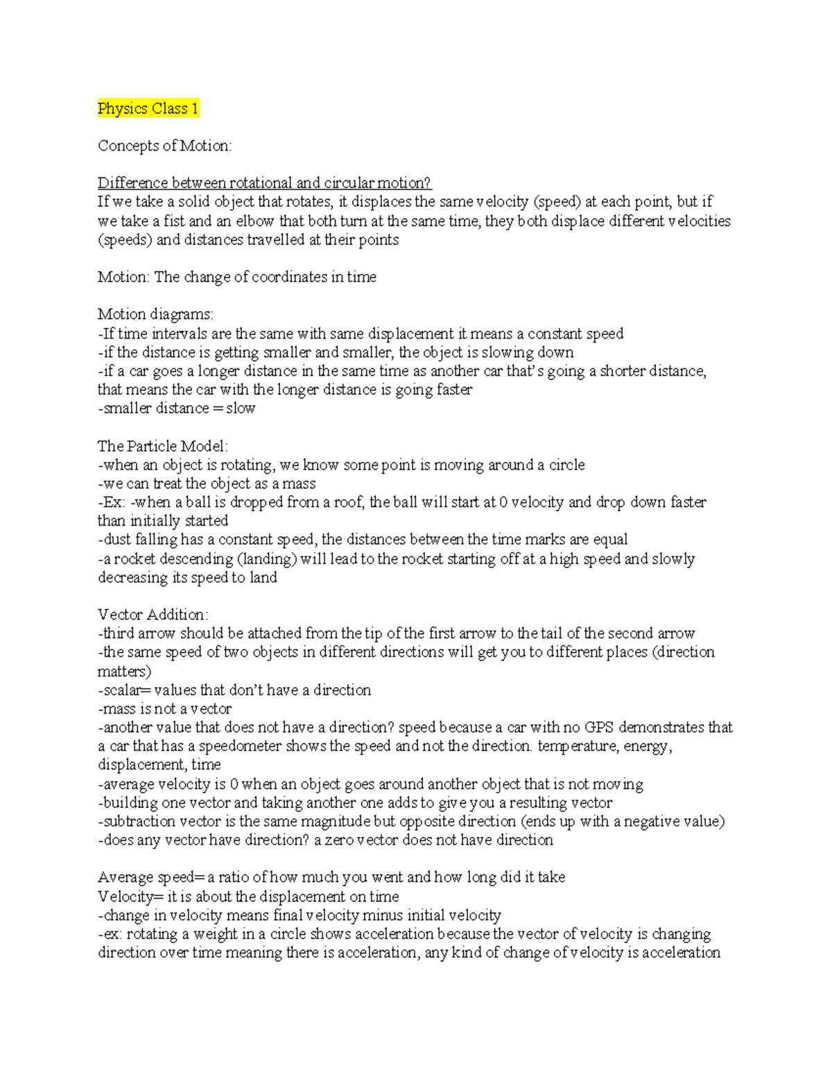 Physics Chapter 1 - notes - Physics Class 1 Concepts of Motion ...