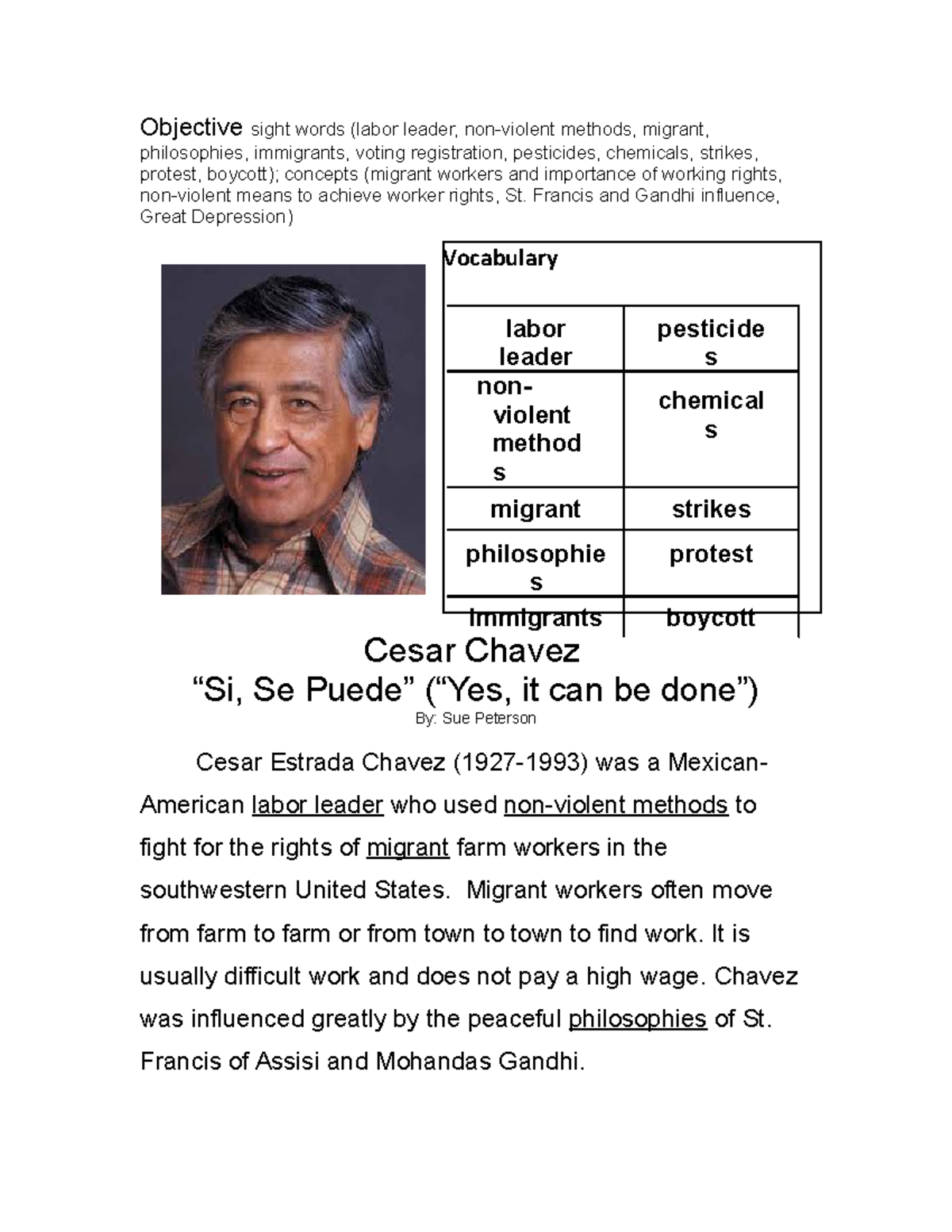 Cesar Chavez - How to talk in public - Vocabulary Objective sight words ...
