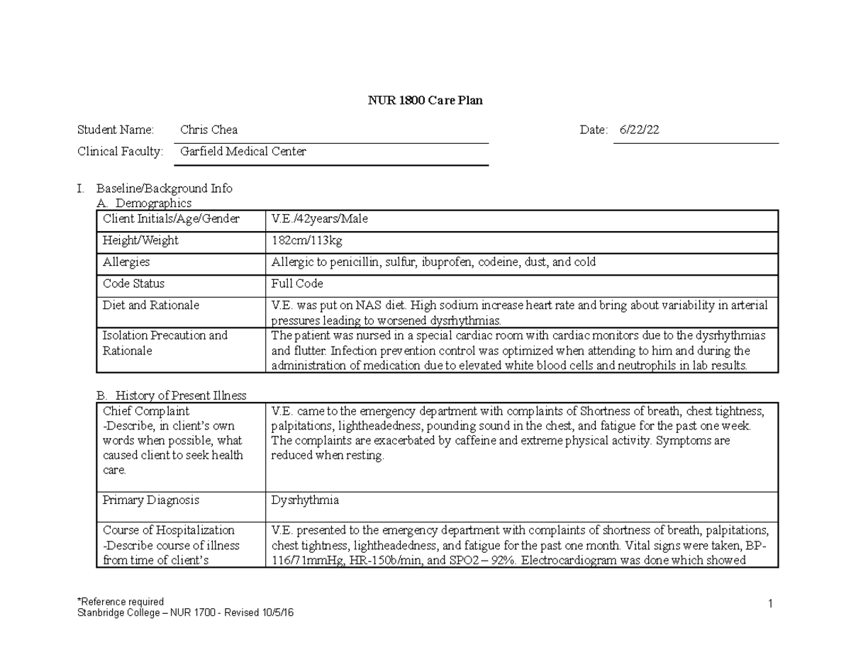 1800 Care Plan Final - NUR 1800 Care Plan Student Name: Chris Chea Date ...