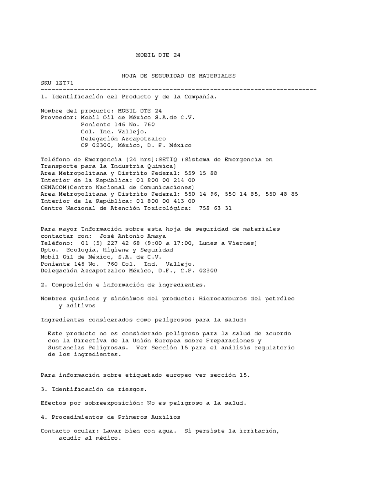04 - Mobil DTE 24 - Hoja de datos de seguridad - MOBIL DTE 24 HOJA DE SEGURIDAD DE MATERIALES ...