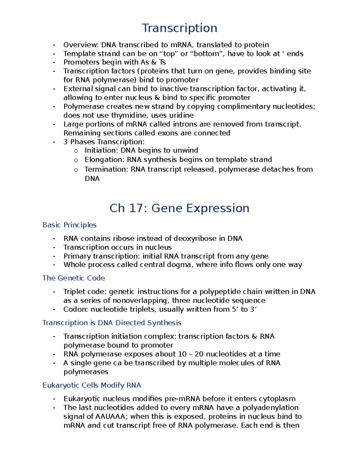 Transcription - Lecture notes 11 - Transcription Overview: DNA ...