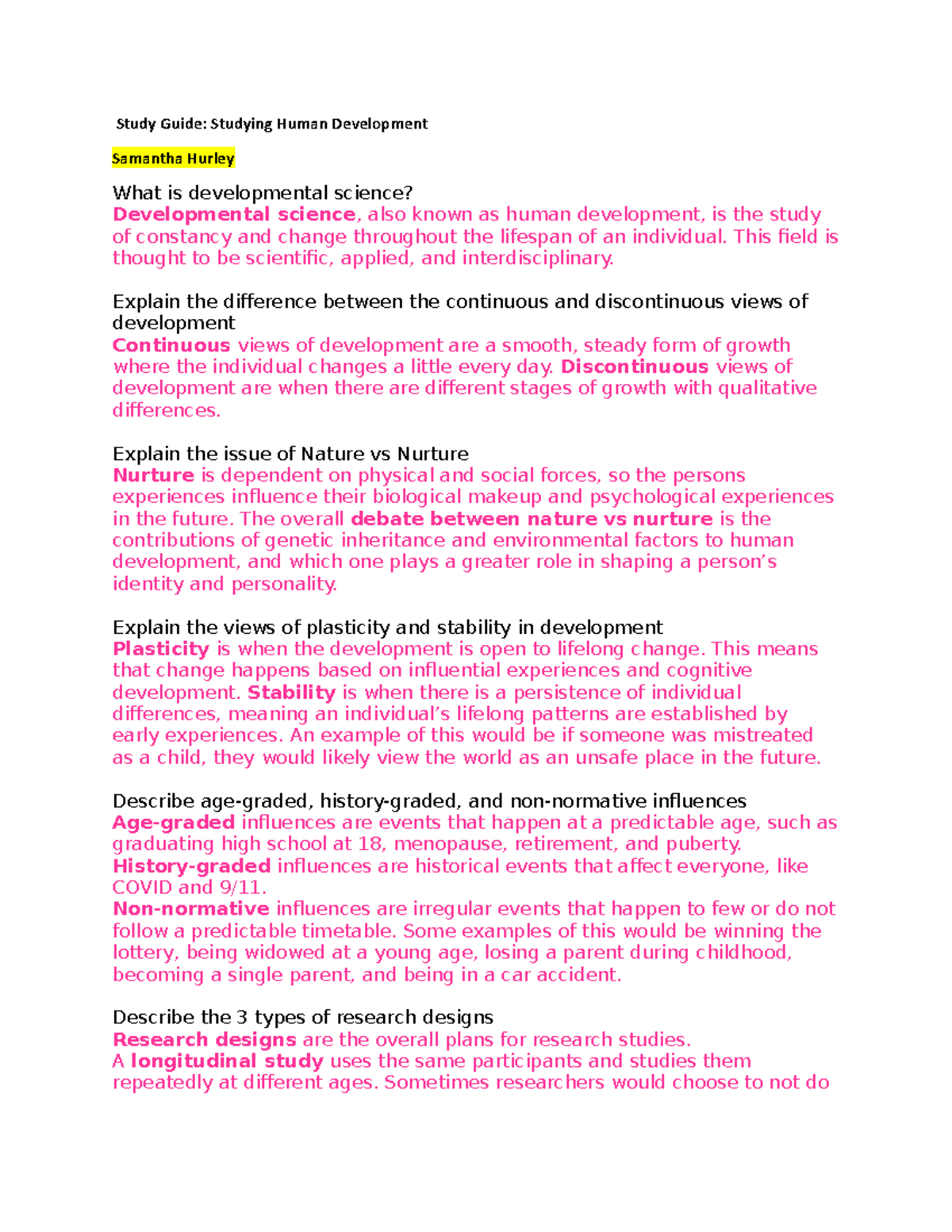 Study Guide 1 Ch 1 - Study Guide: Studying Human Development Samantha ...