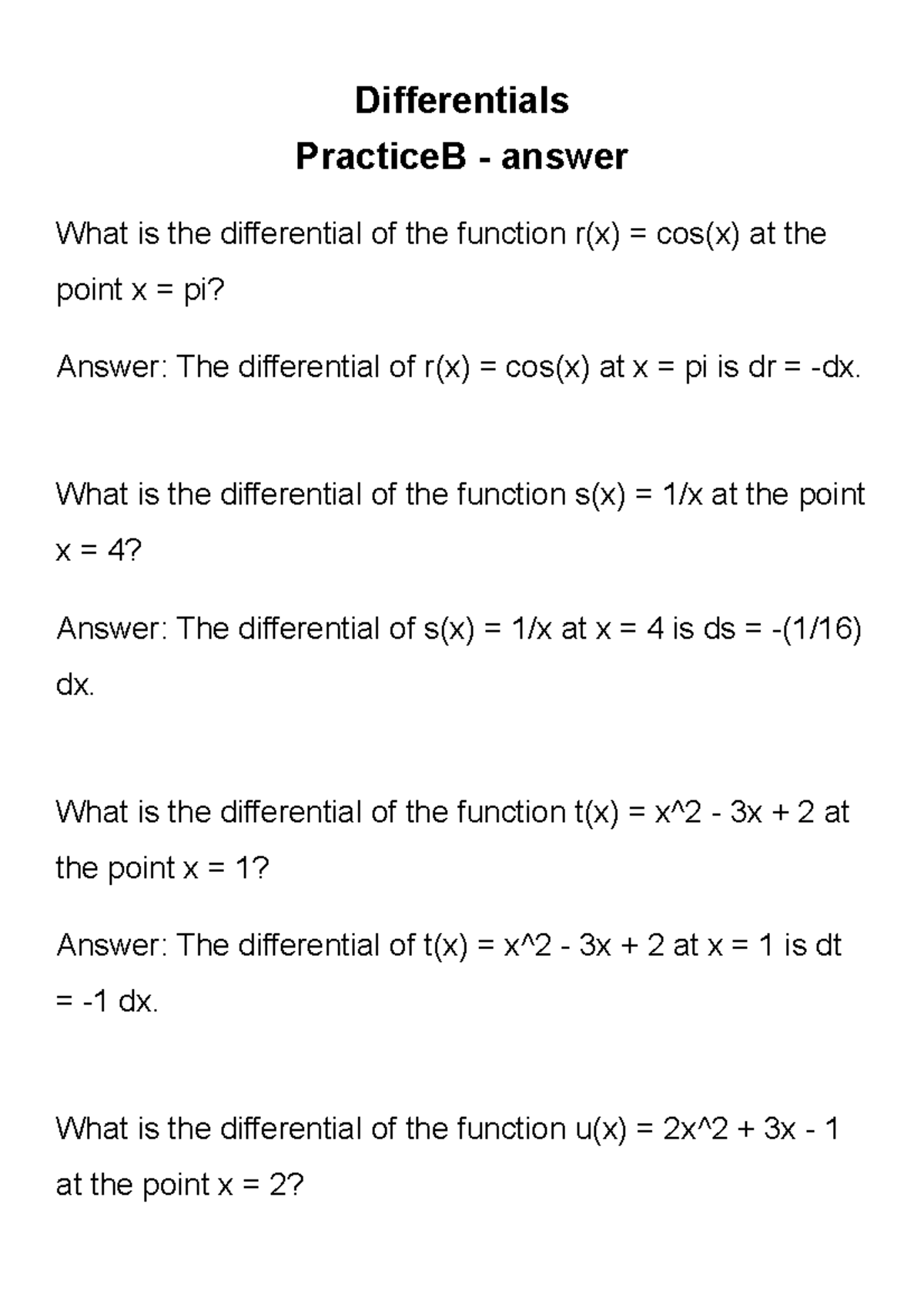 Differentials Practice B - answer - Differentials PracticeB - answer ...