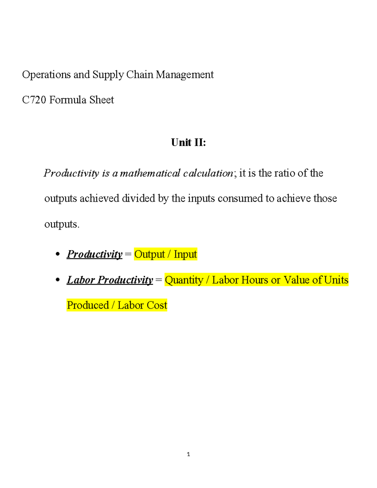 C720 Formula Sheet - Operations and Supply Chain Management C720 ...