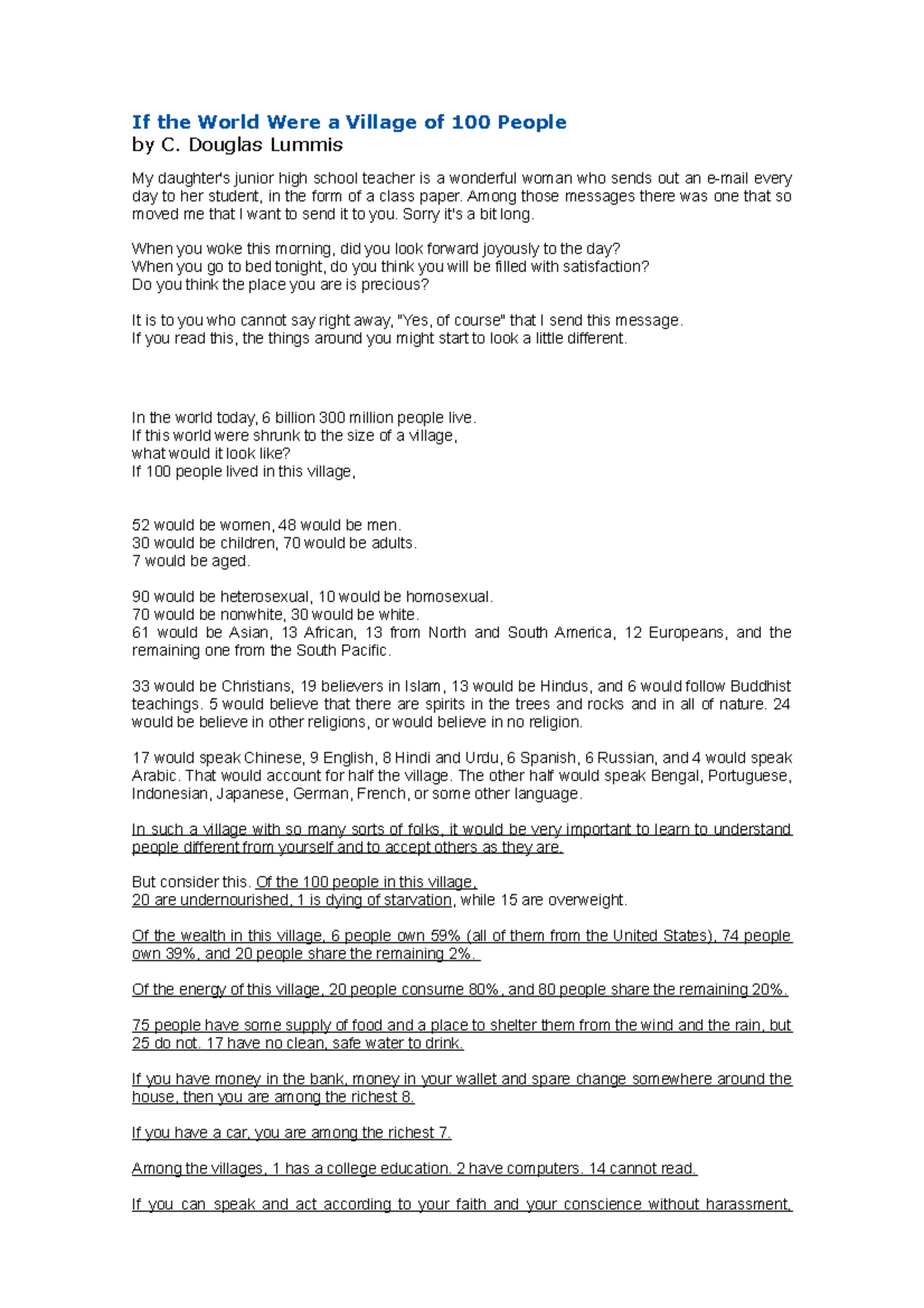 Village of 100 People en - If the World Were a Village of 100 People by ...