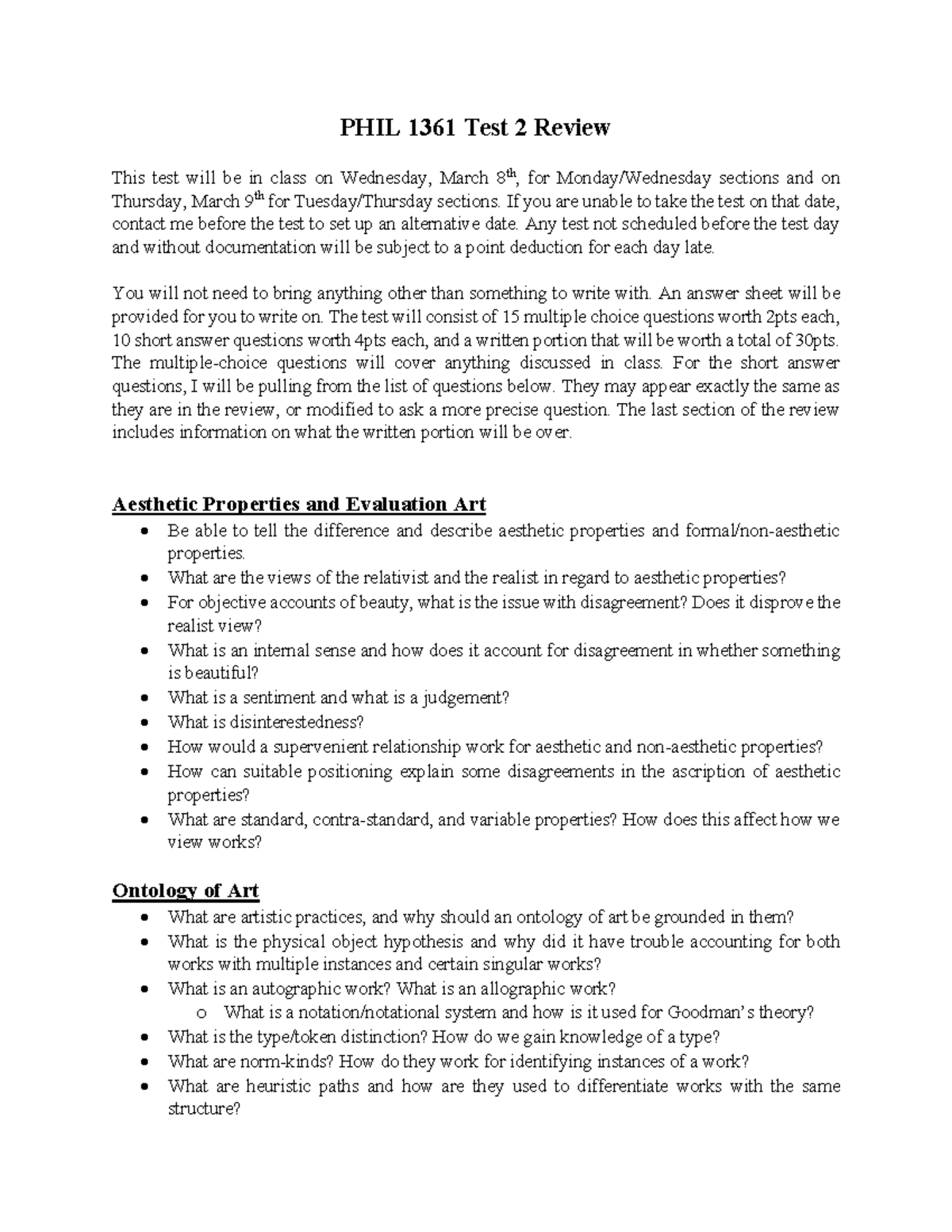 PHIL 1361 Test 2 Review - PHIL 1361 Test 2 Review This test will be in ...