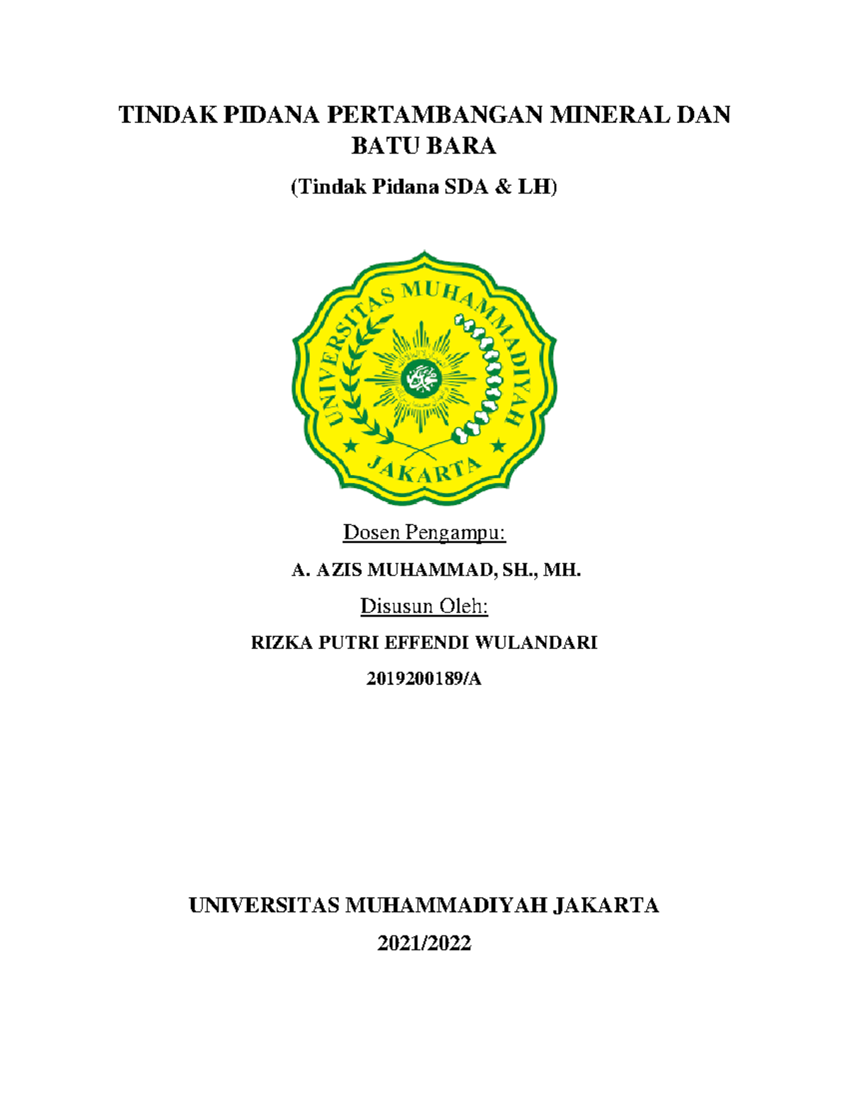 Rizka Putri-2019 200189 ( Paper SDA) - TINDAK PIDANA PERTAMBANGAN MINERAL DAN BATU BARA (Tindak ...