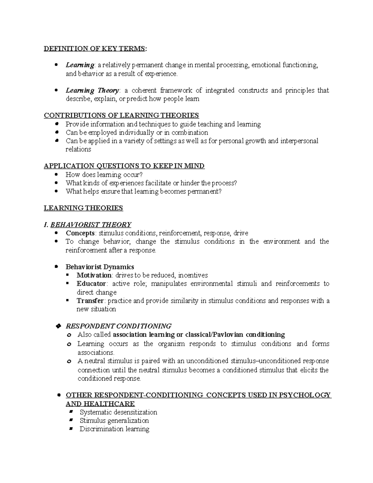 HE handout module 2 (1) - DEFINITION OF KEY TERMS: Learning : a ...