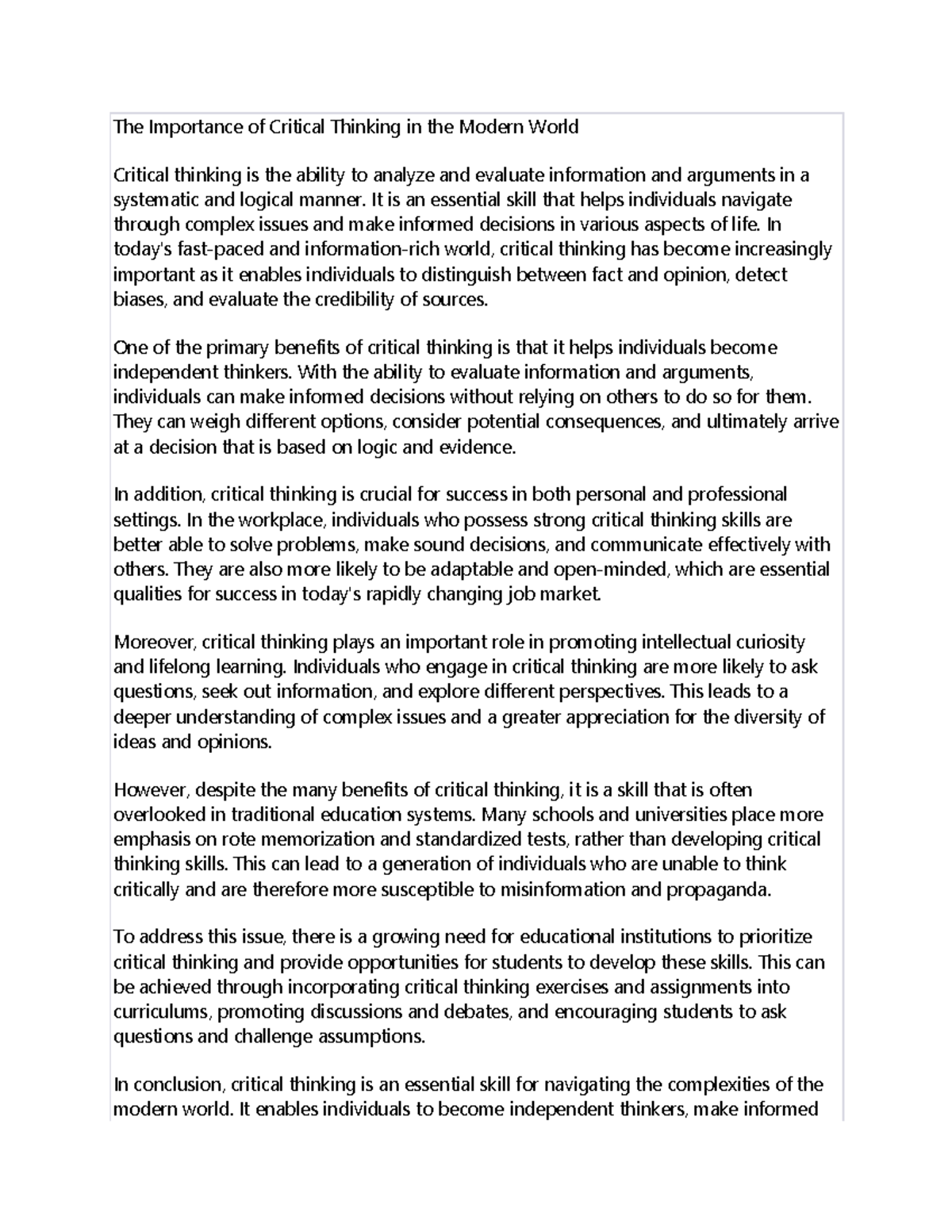 Doc2 - In class assignment/notes - The Importance of Critical Thinking ...