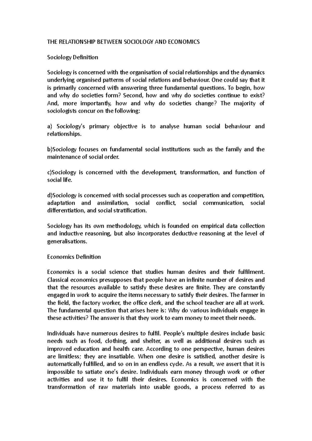 THE Relationship Between Sociology AND Economics - Sociology II - Studocu